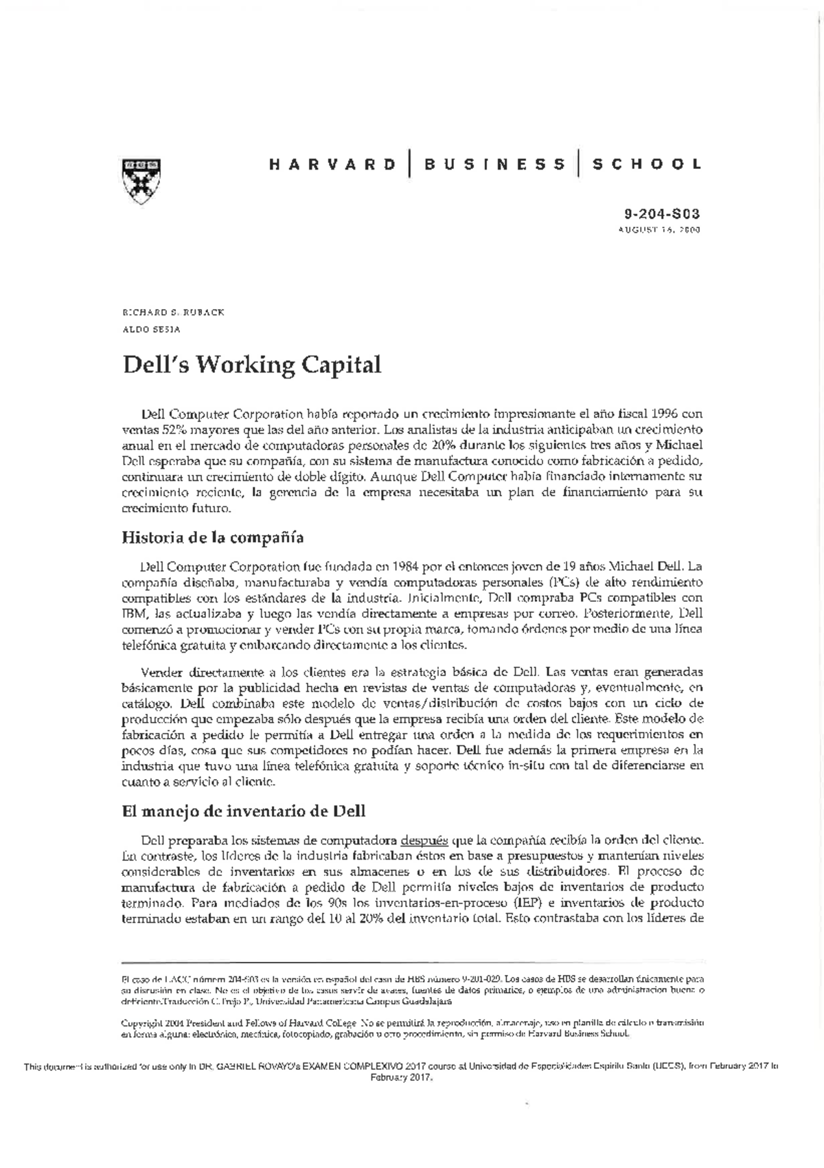 Caso DELL - HARVARD BUSINESS SCHOOL AUGUST 16, RICHARD S. RUBACK ALDO ...