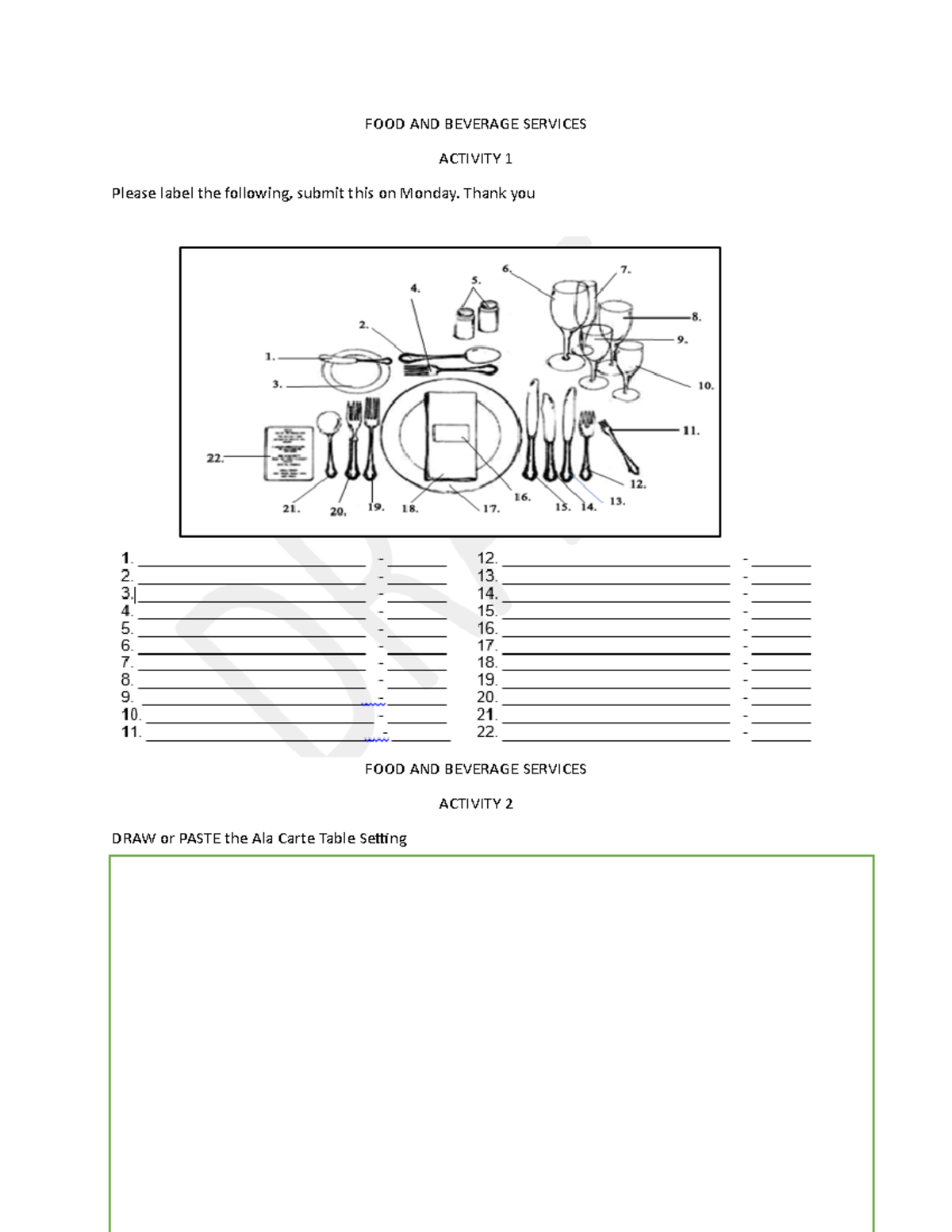 Activity fbs - activities for FBS - FOOD AND BEVERAGE SERVICES ACTIVITY ...
