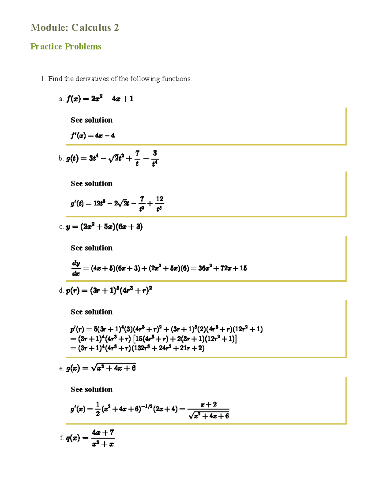 Calculus 2 practice - Module: Calculus 2 Practice Problems 1. Find the ...