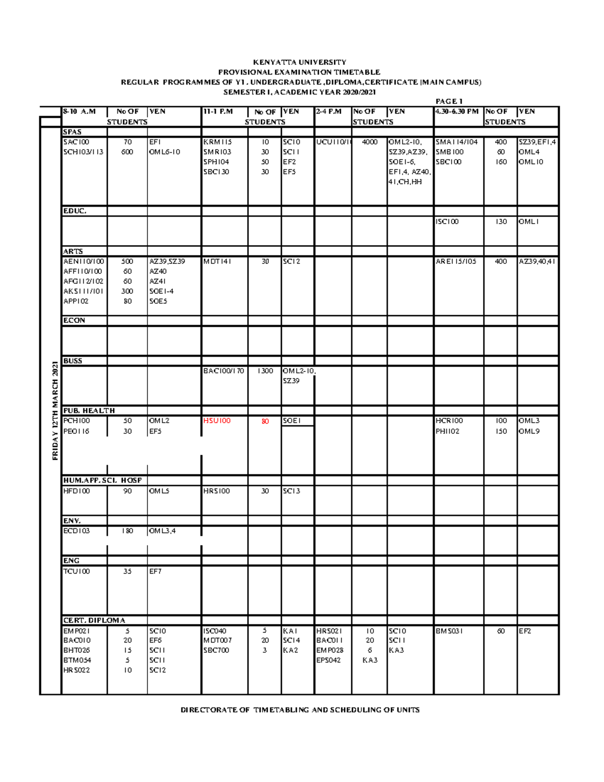 PROV. EXAM Timetable FOR YEAR 1SEM 1 2020-2021( Freshmen) Groups - PAGE ...