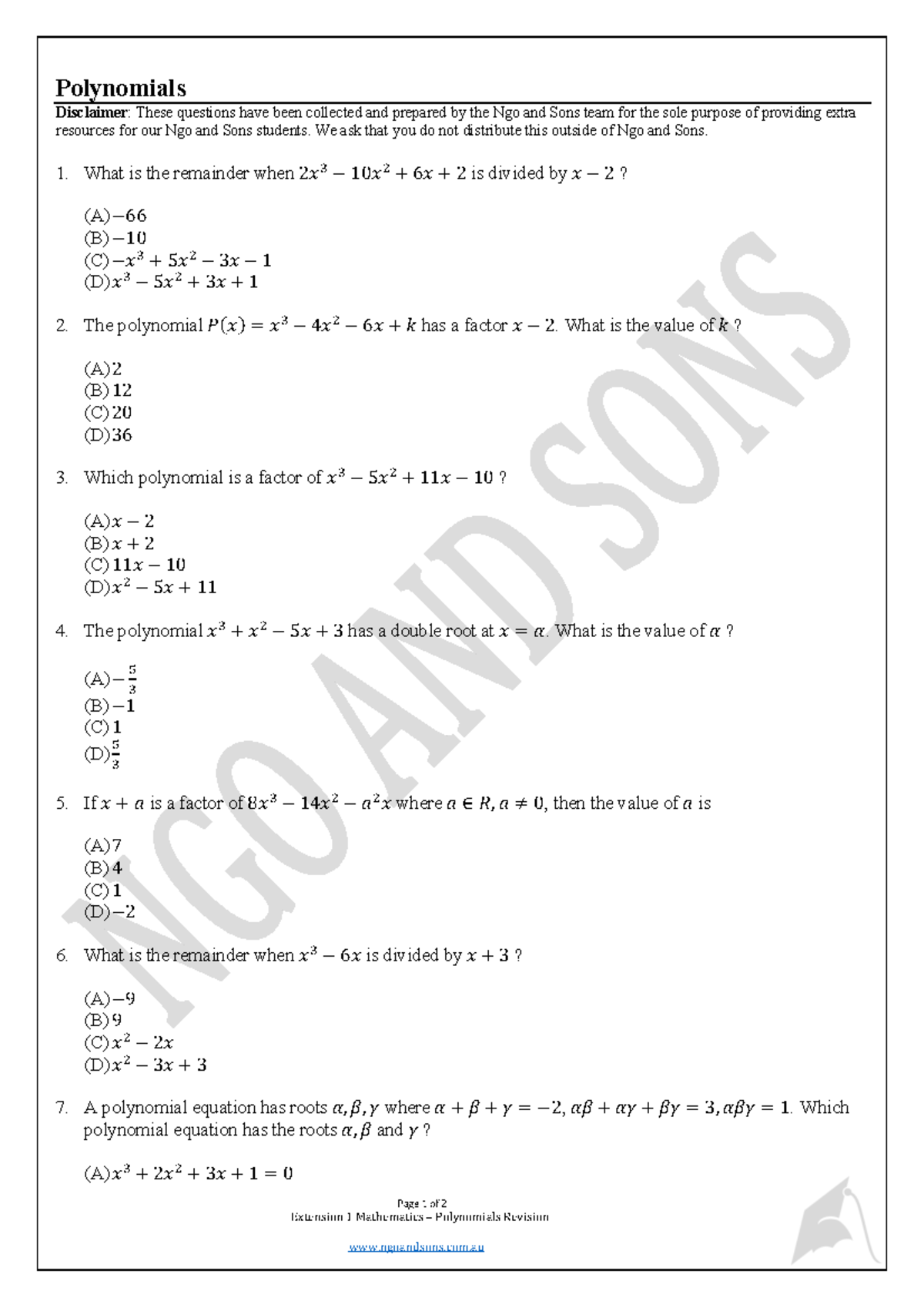 Polynomials Paper 1 - Page 1 of 2 Extension 1 Mathematics – Polynomials ...