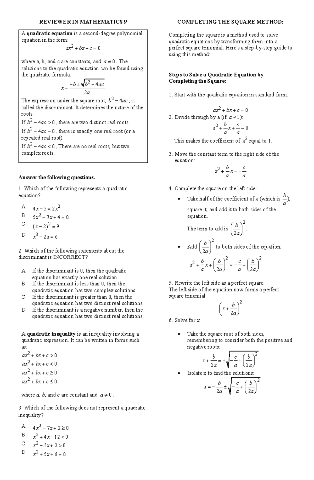 Reviewer in mathematics 9 - REVIEWER IN MATHEMATICS 9 A quadratic ...