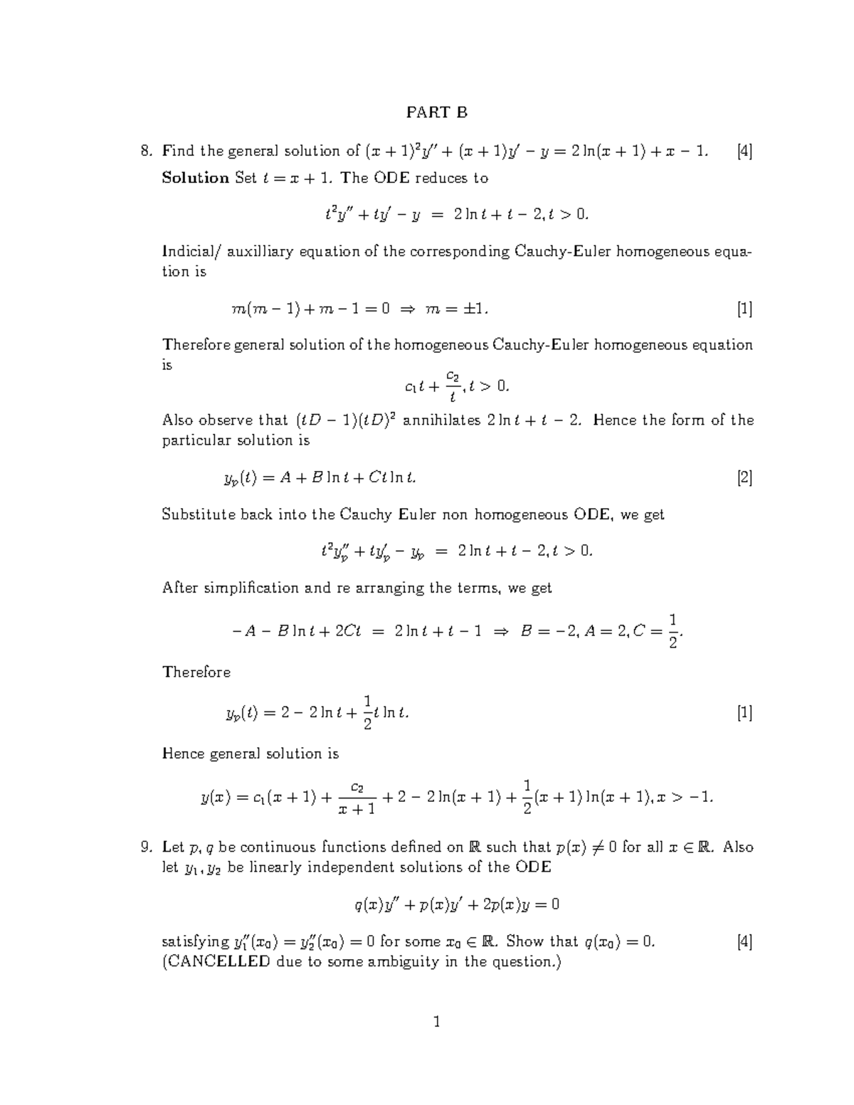MA108 End Sem PART B Paper & Solutions - PART B Find the general solution of (x+ 1) 2 y′′+ (x+ ...