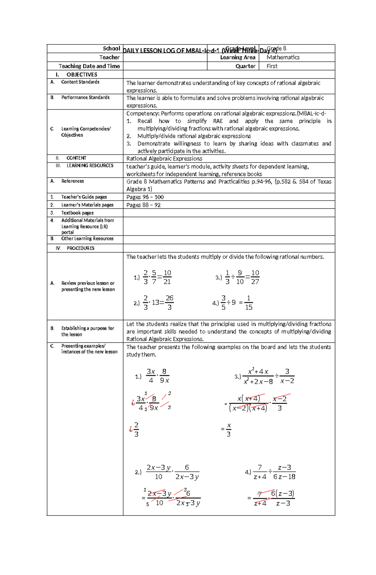 I-Day 12 - leson plan - School Grade Level Grade 8 Teacher Learning ...