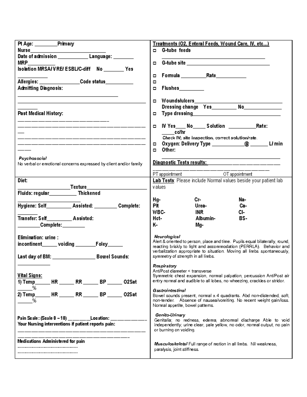 Client profile sheet - Helps in clinical - Pt Age: _________Primary ...