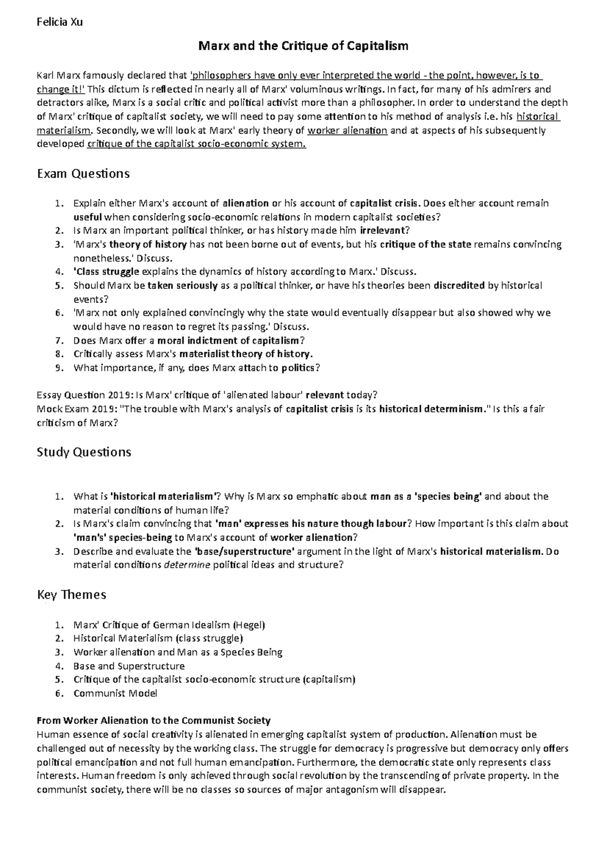 Marx Revision Notes GV100 - Marx and the Critique of Capitalism Karl ...