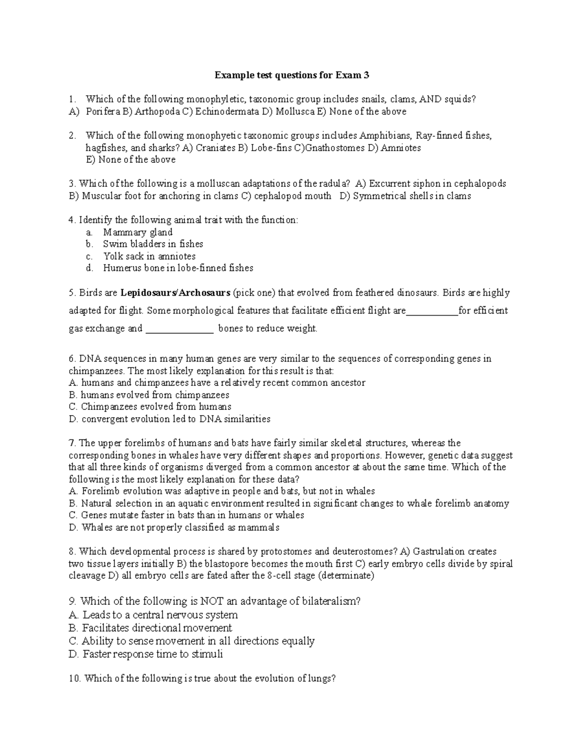 Exam 3 Example Test Questions 2021 Example Test Questions For Exam 3