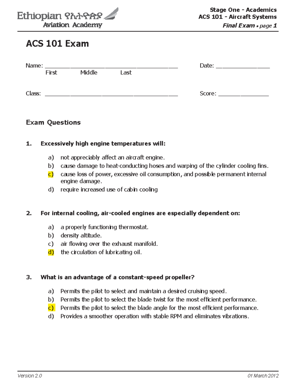 1. Exam - airframe and system aircraft general knowledge 1 - ACS 101 ...
