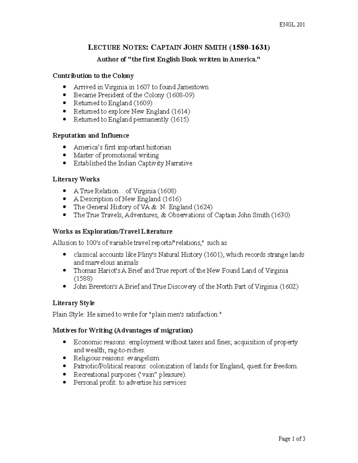 Lecture Notes Captain John Smith - ENGL 201 LECTURE NOTES: CAPTAIN JOHN ...