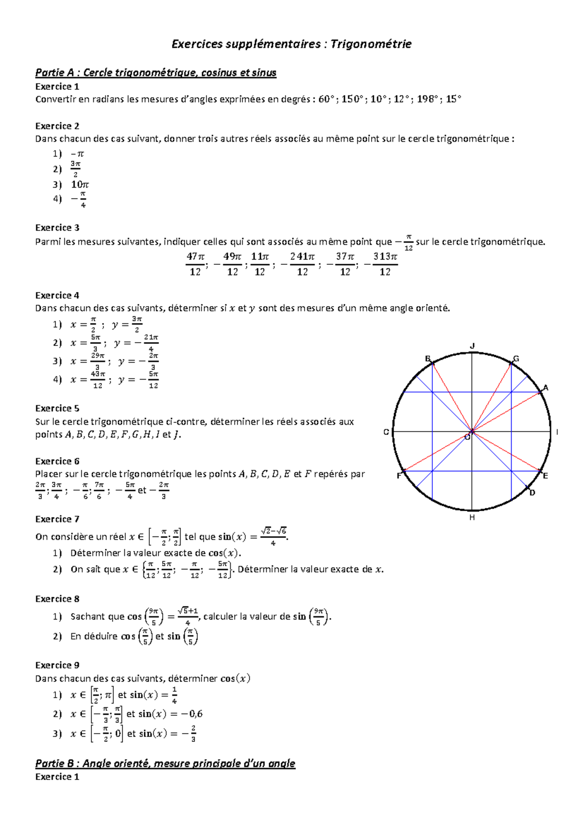 1S 1213 exosup trigo - Exercices supplémentaires : Trigonométrie Partie A : Cercle ...