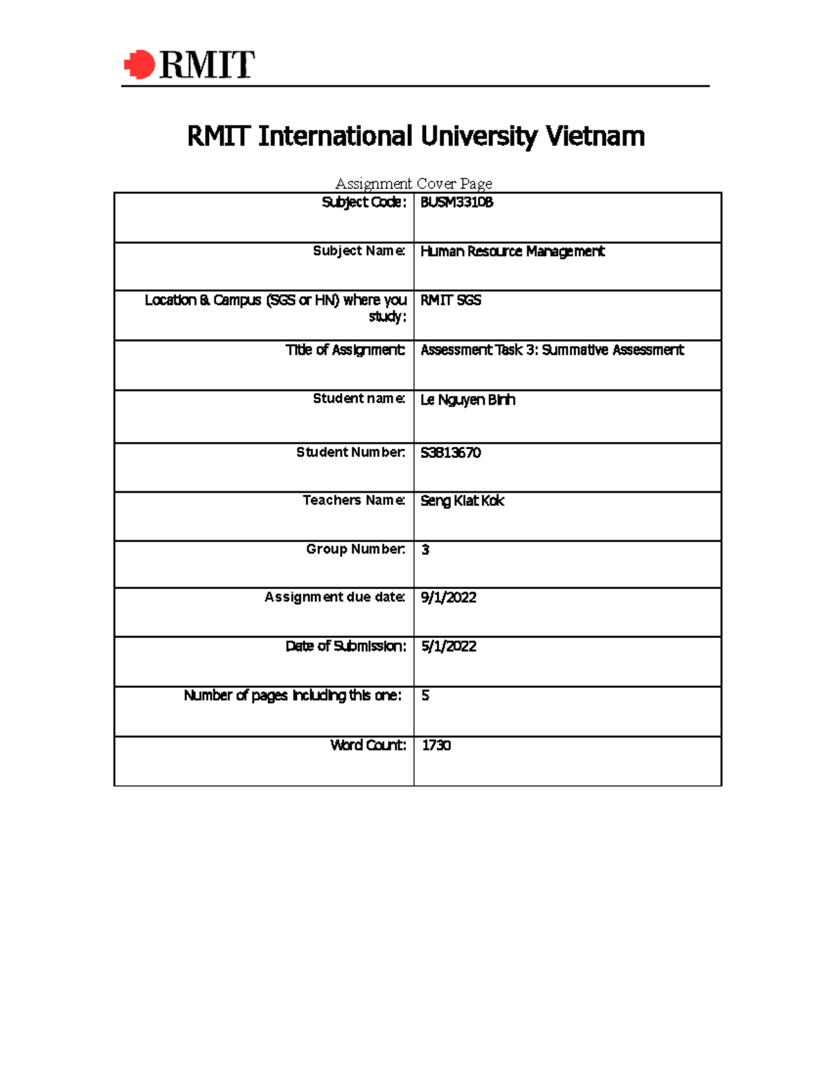 BUSM3310B - Assessment 3 - Le Nguyen Binh - S3813670 - Copy - RMIT ...