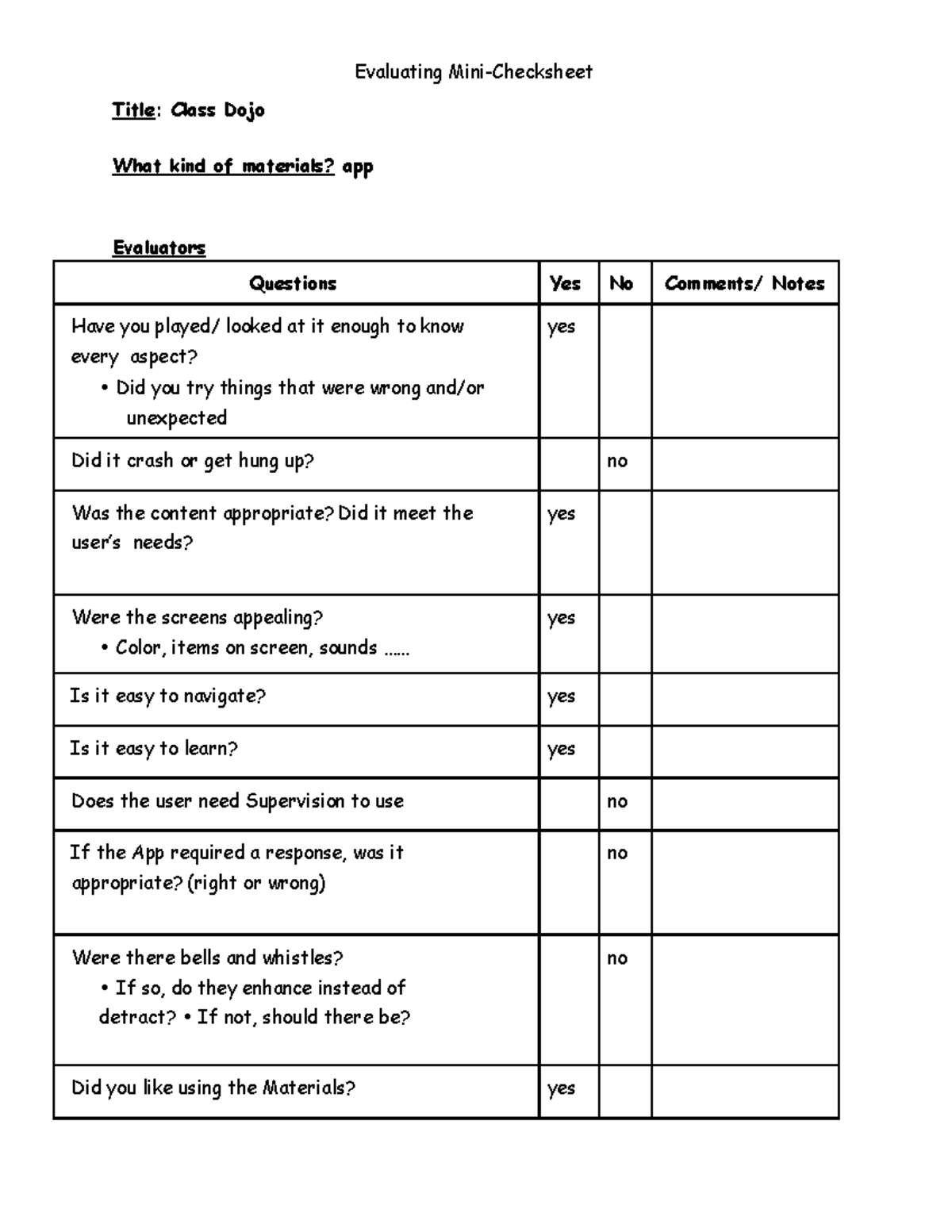 Mini Check List Class Dojo - Evaluating Mini-Checksheet Title: Class ...