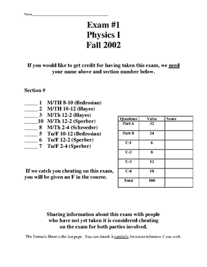 Exam1-F01 - back exam fo study purposes - Exam Physics I Fall 2001 If you would like to get ...