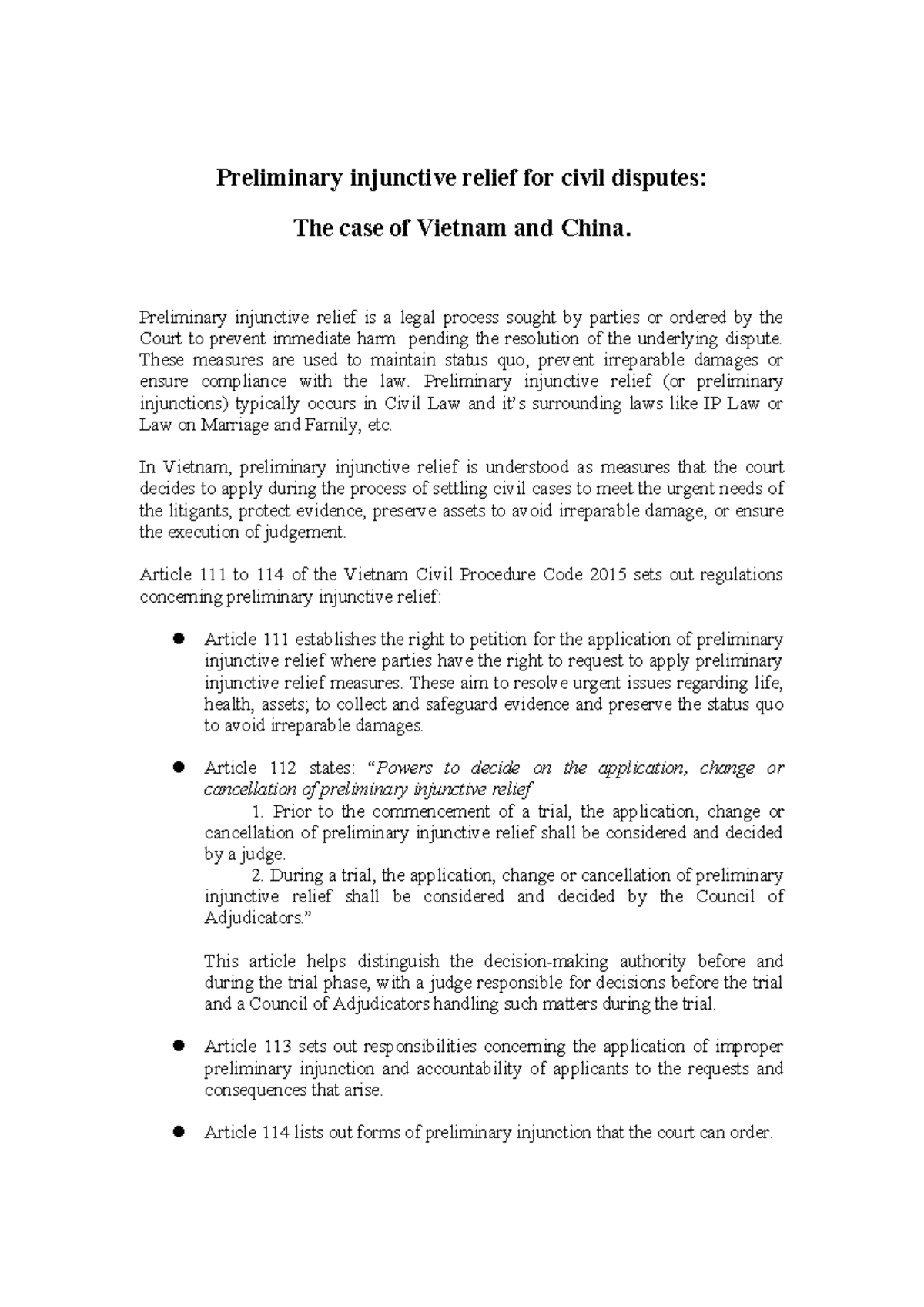 Preliminary Injunctive Relief in China and Vietnam - Preliminary ...