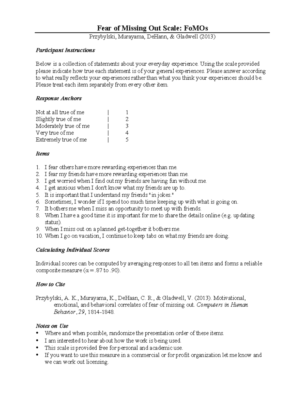 201 3 Fearof Missing Out - Fear of Missing Out Scale: FoMOs Przybylski ...