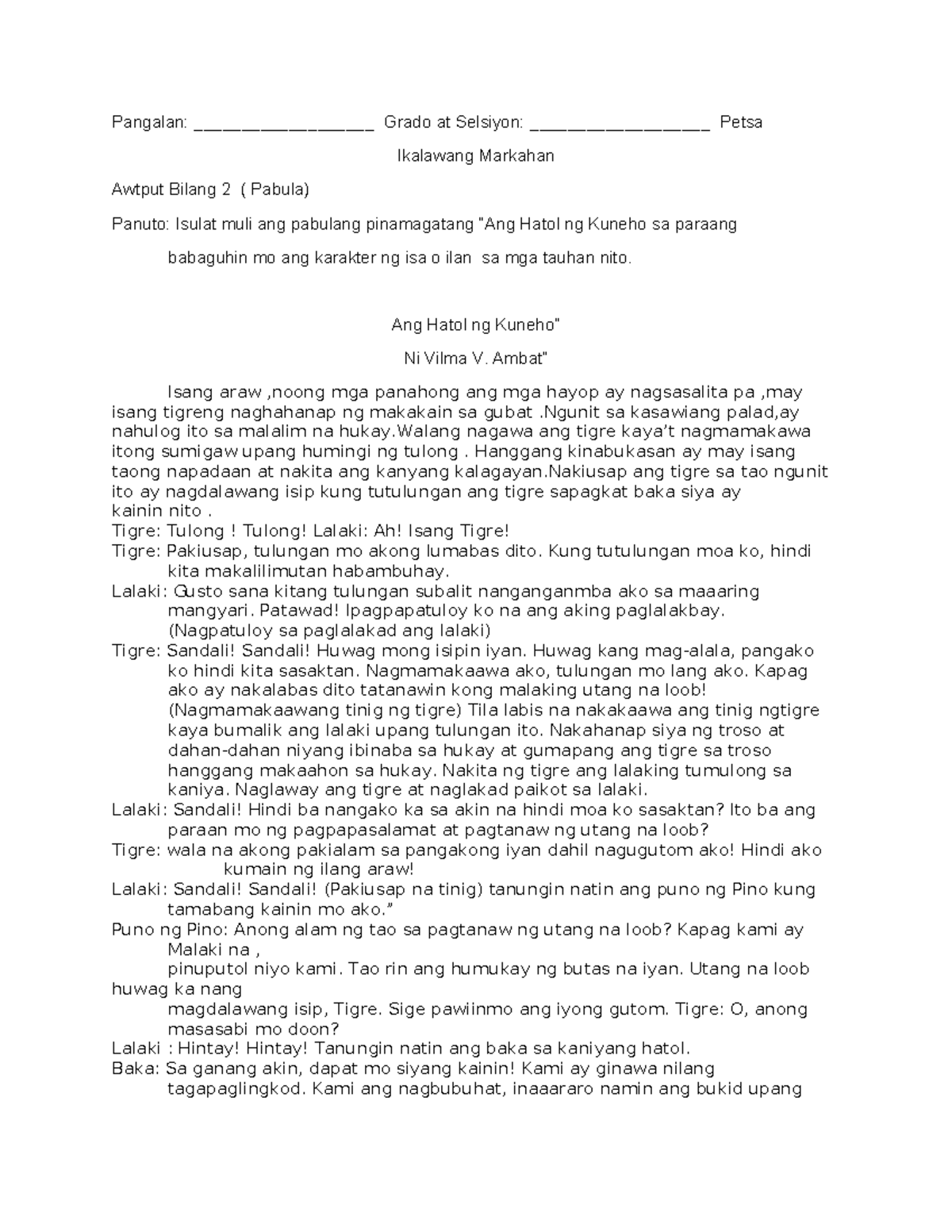 Ang Hatol ng Kuneho Awtput 1 - Pangalan: ___________________ Grado at Selsiyon ...