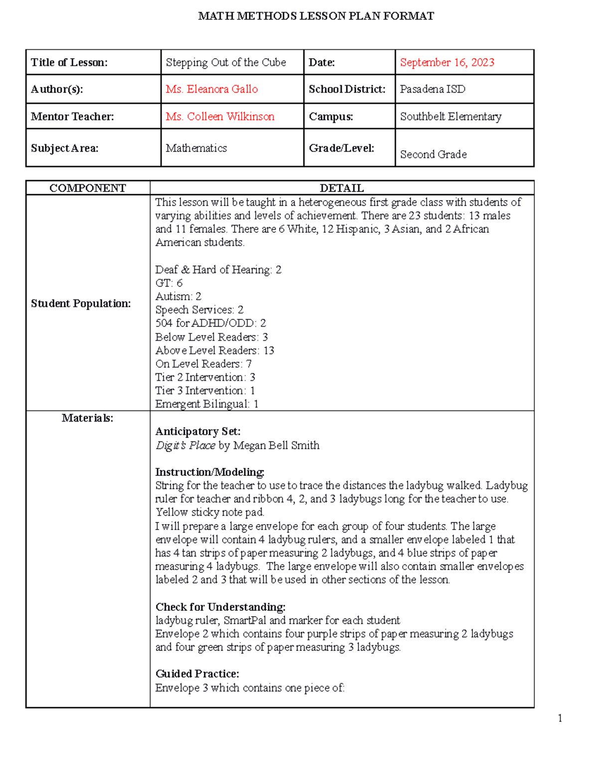 Eleanoragallo lessonplan 1 - MATH METHODS LESSON PLAN FORMAT Title of ...