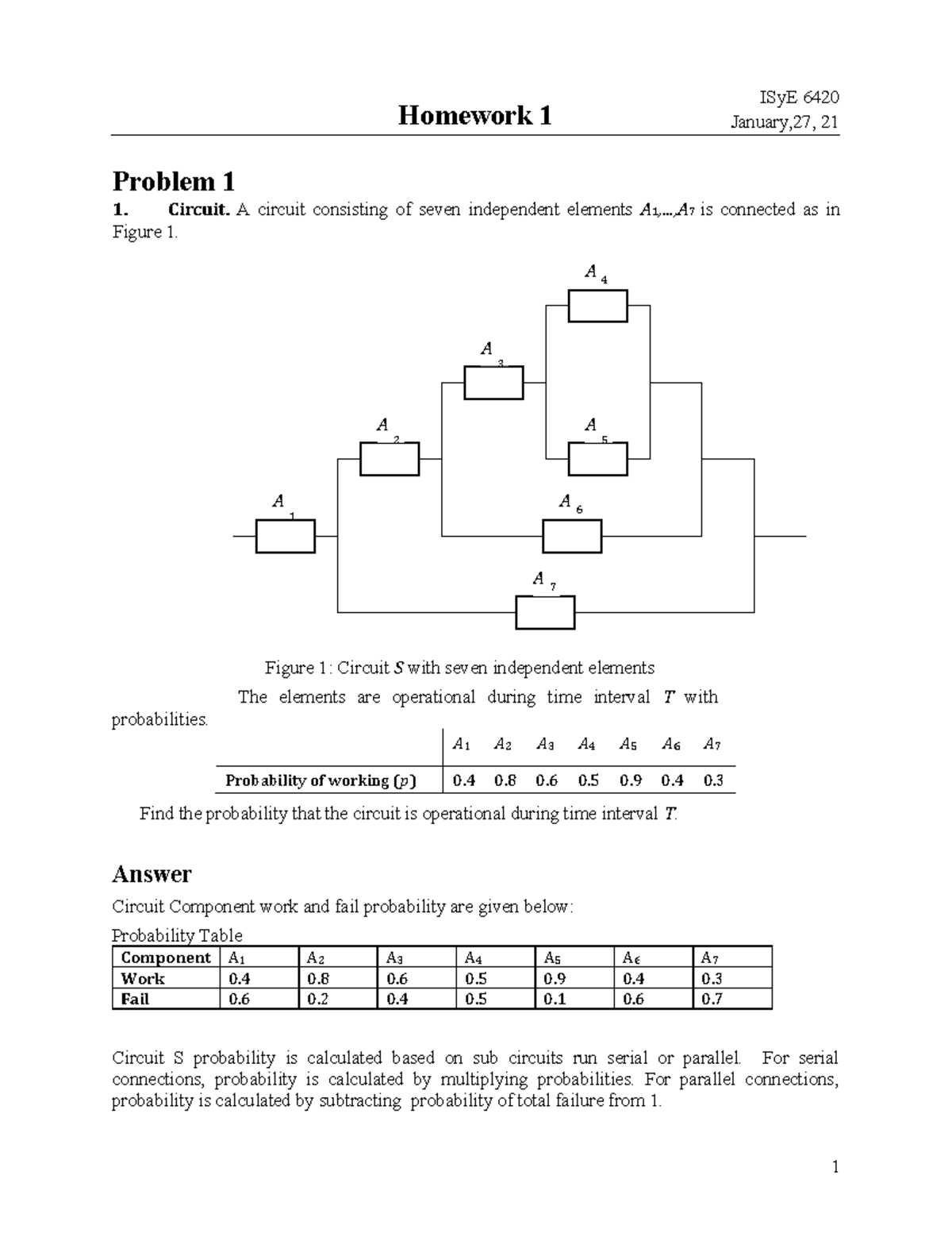 Solution to Home Work 1 (HW1) problems - Homework 1 ISyE 6420 January,27, 21 1 Problem 1 Circuit ...