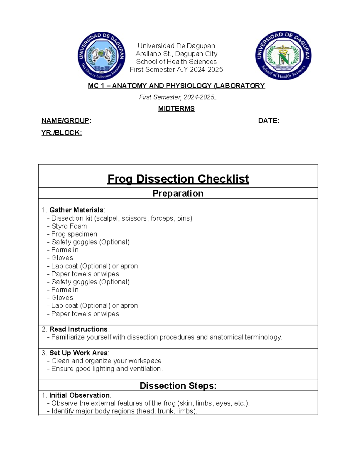 Frog-Dissection-Checklist - Universidad De Dagupan Arellano St ...