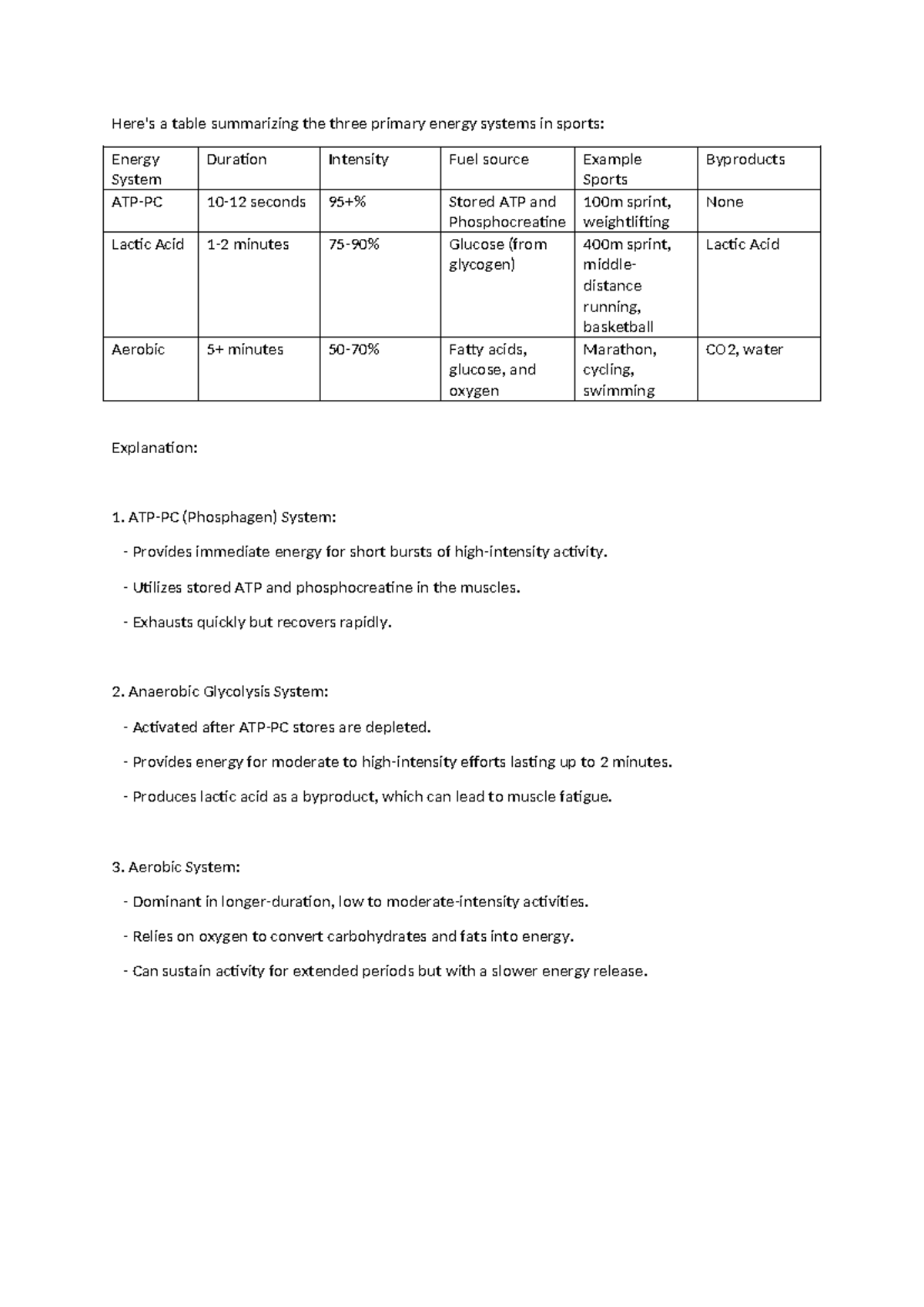 Energy Systems - Here's a table summarizing the three primary energy ...