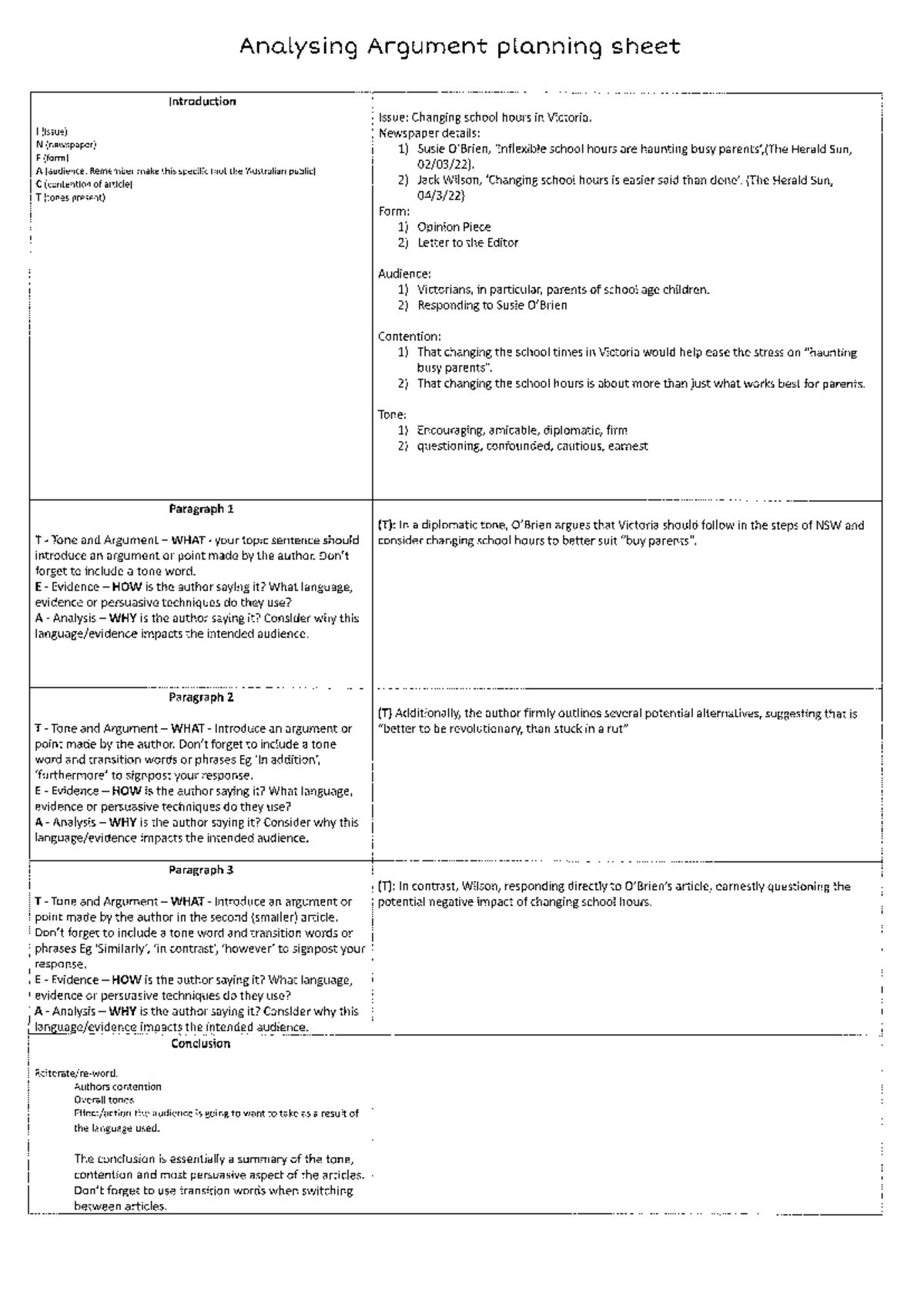 Planning Template Persuasive Response - Analysing Argument planning ...