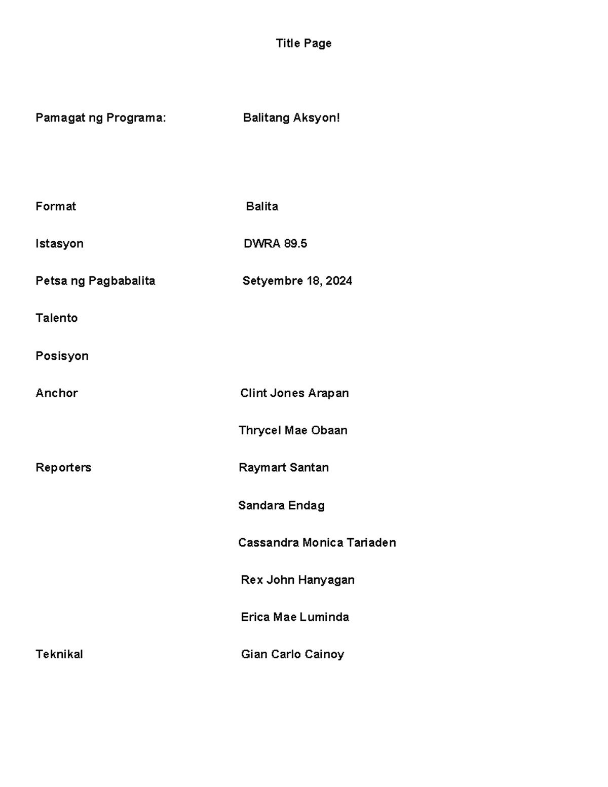 Journalism-3 042804 - Thanks - Title Page Pamagat ng Programa: Balitang ...