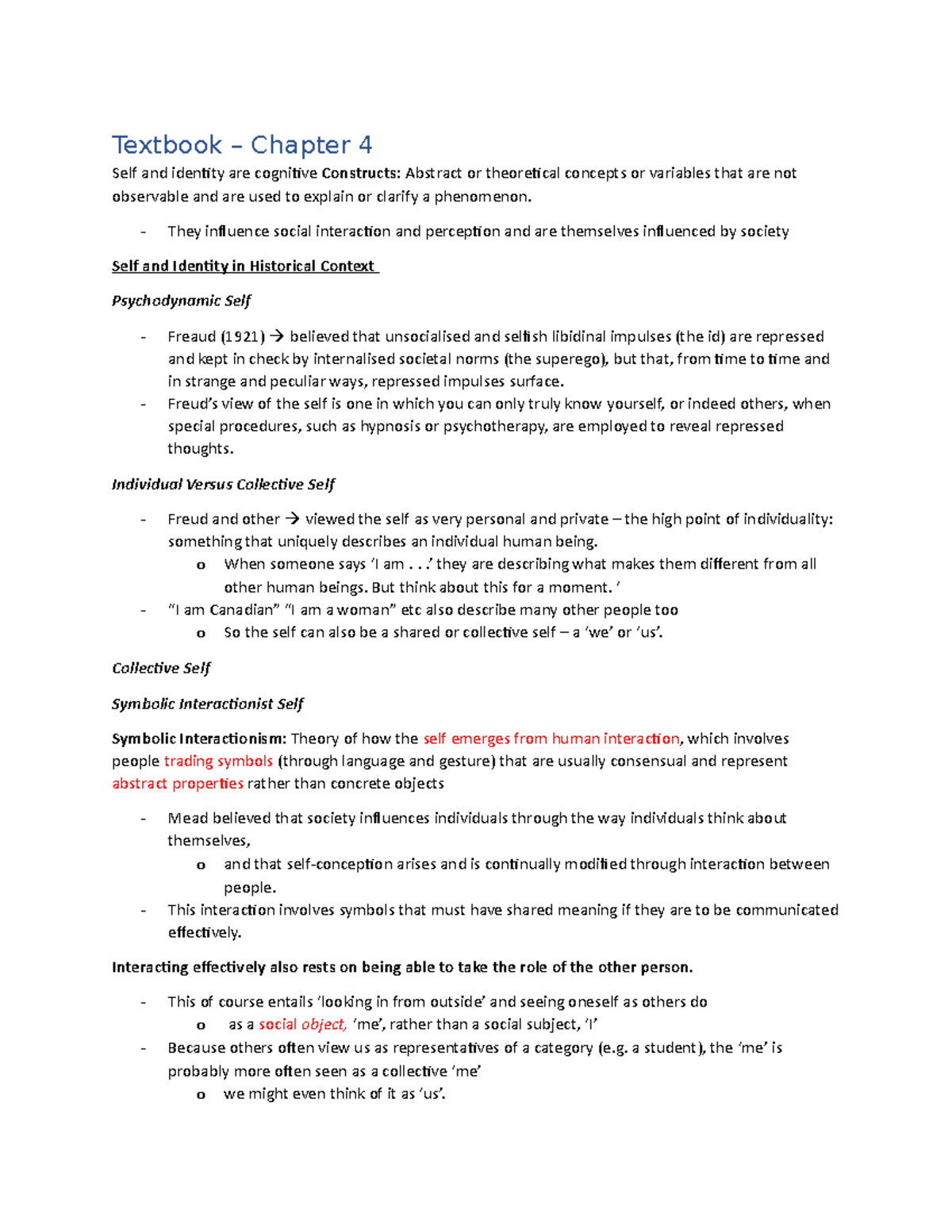 Task 3 - The Self - task 3 notes - Textbook – Chapter 4 Self and ...