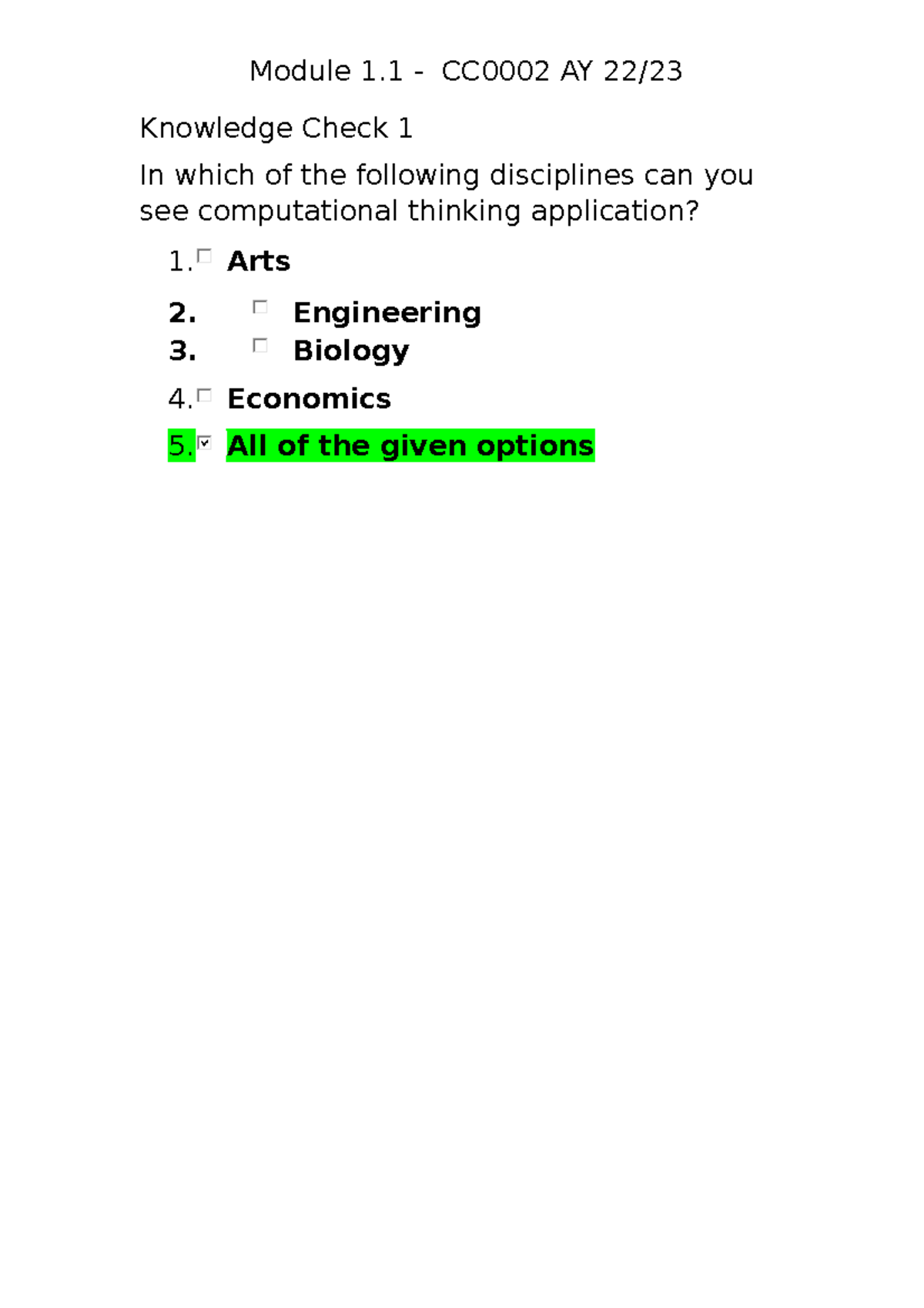 Cc0002 module 1.1 lams answers - Knowledge Check 1 In which of the following disciplines can you ...