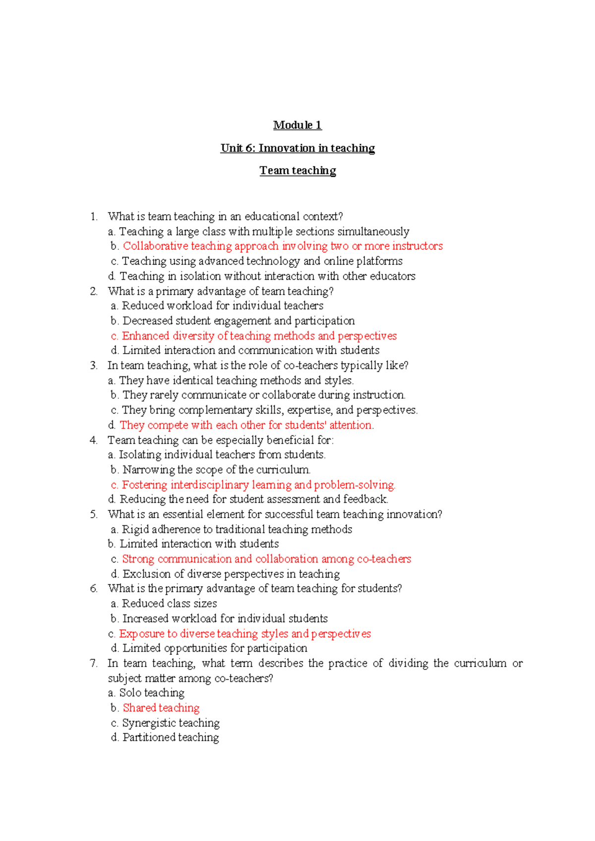 Module 1 unit 6 - mcqs - Module 1 Unit 6: Innovation in teaching Team ...
