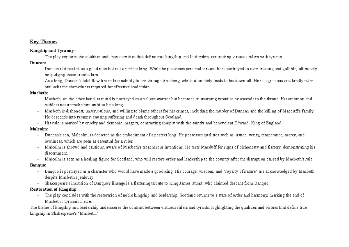 English Exam Prep - Prelim - Key Themes Kingship and Tyranny - The play ...