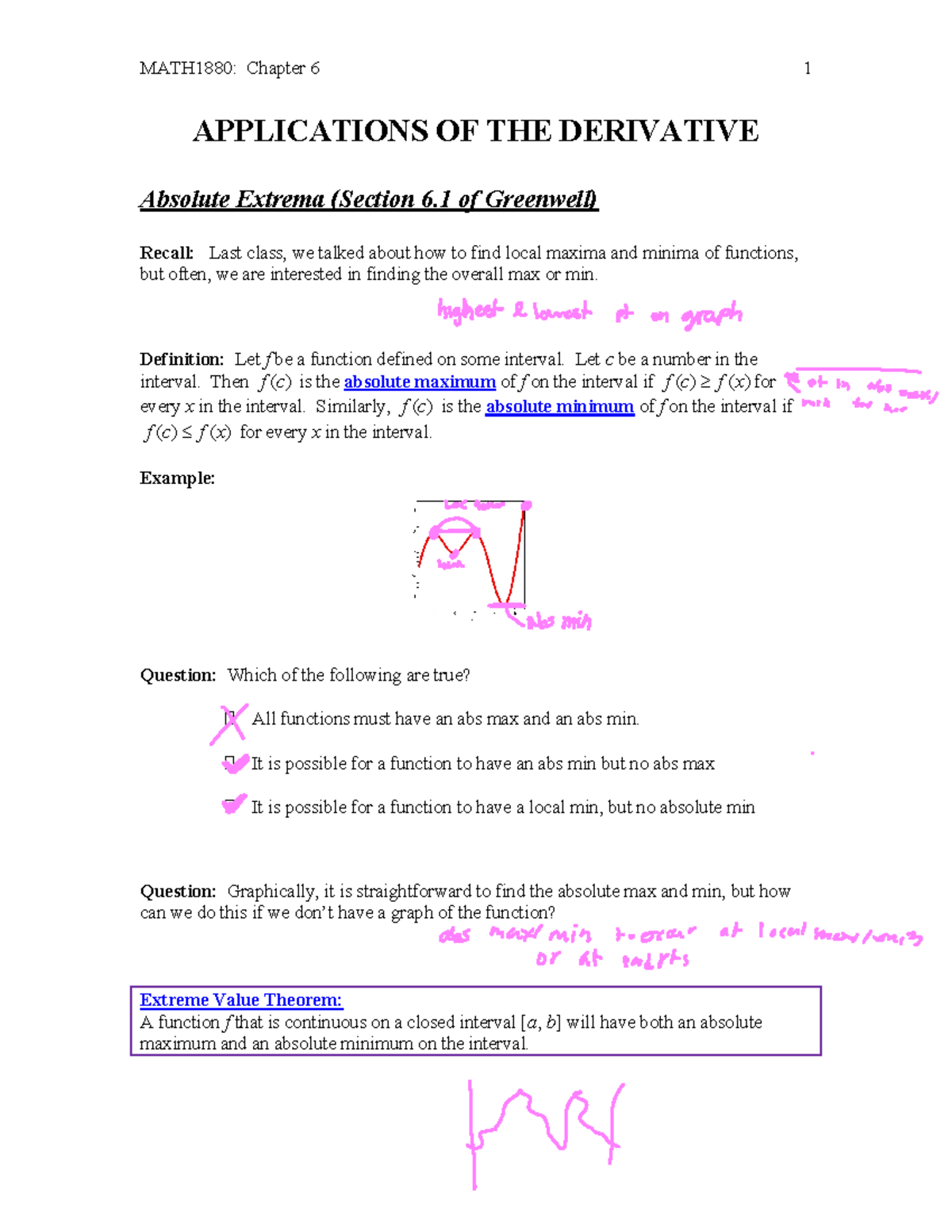 Optimization - APPLICATIONS OF THE DERIVATIVE Absolute Extrema (Section ...