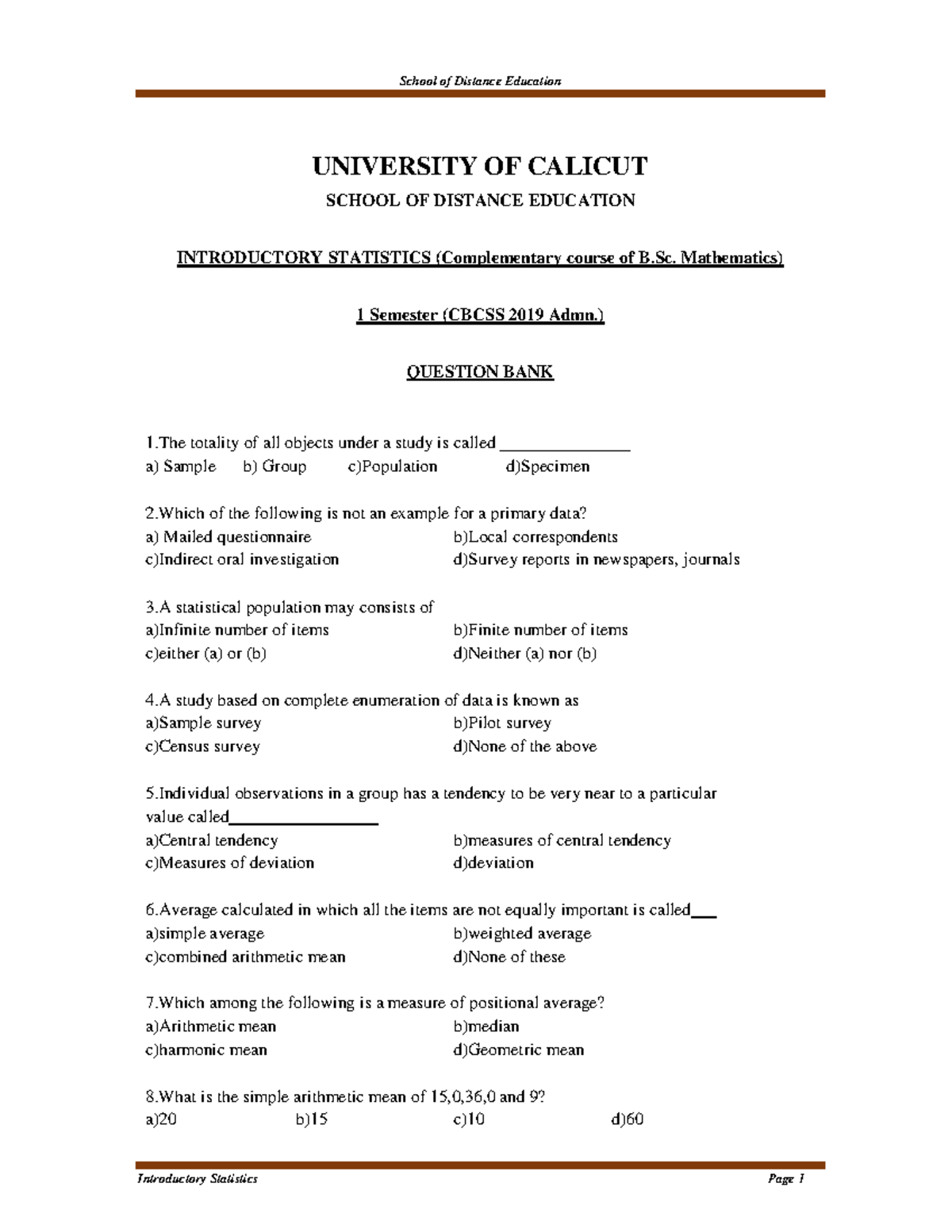 Introductory Statistics - 2019 Admn. New 0 - UNIVERSITY OF CALICUT SCHOOL OF DISTANCE EDUCATION ...