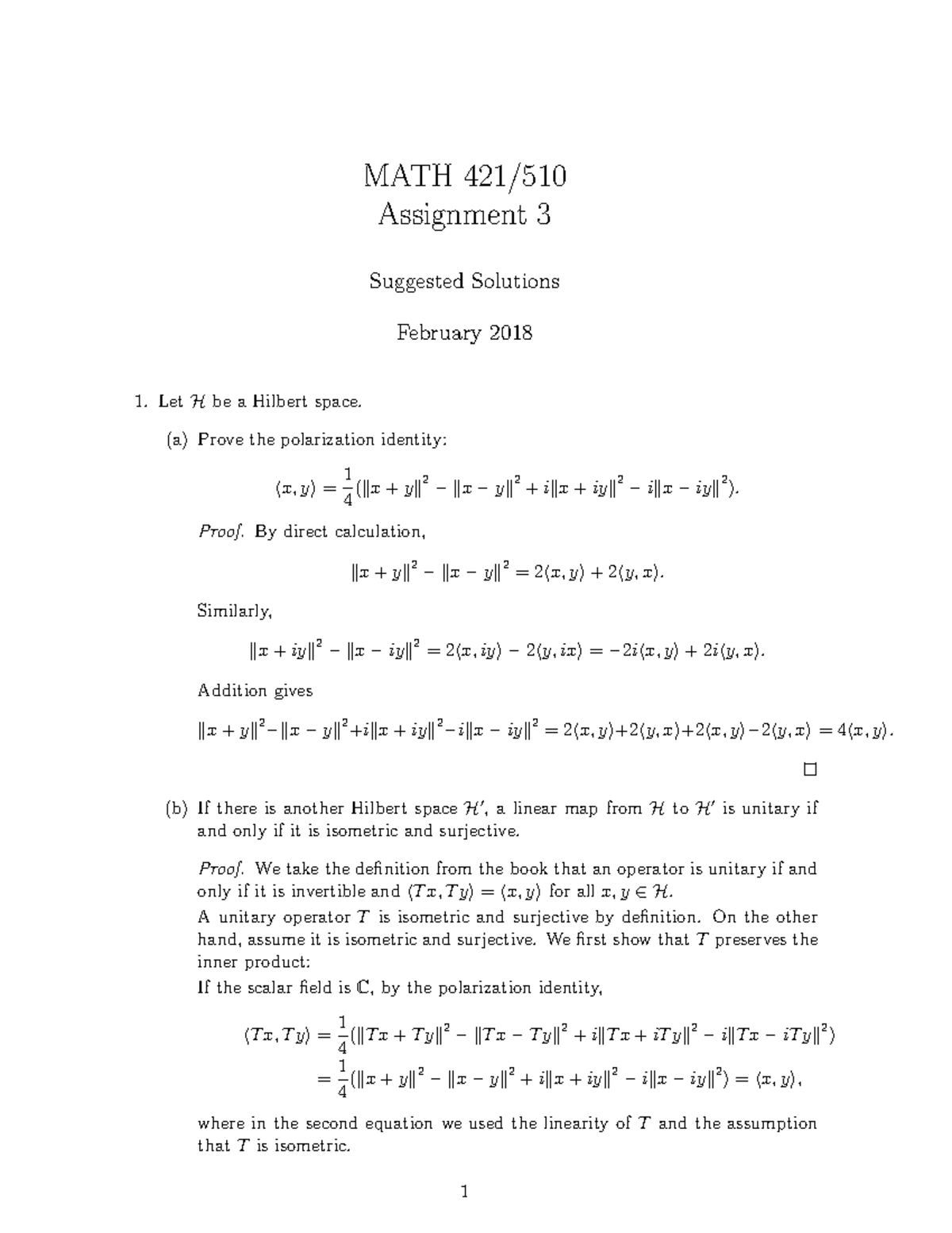 Hw3 Solution Hilbert Space Math 421 Assignment 3 Suggested