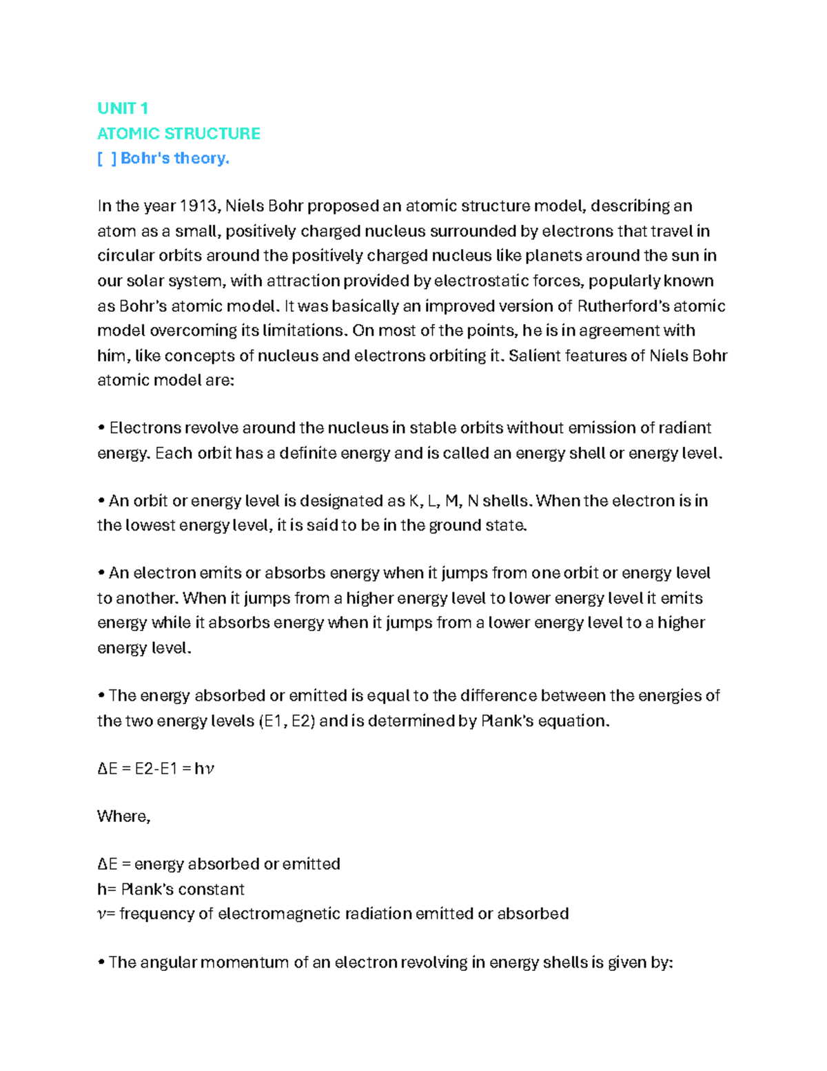 Chemistry - UNIT 1 ATOMIC STRUCTURE [ ] Bohr's theory. In the year 1913 ...