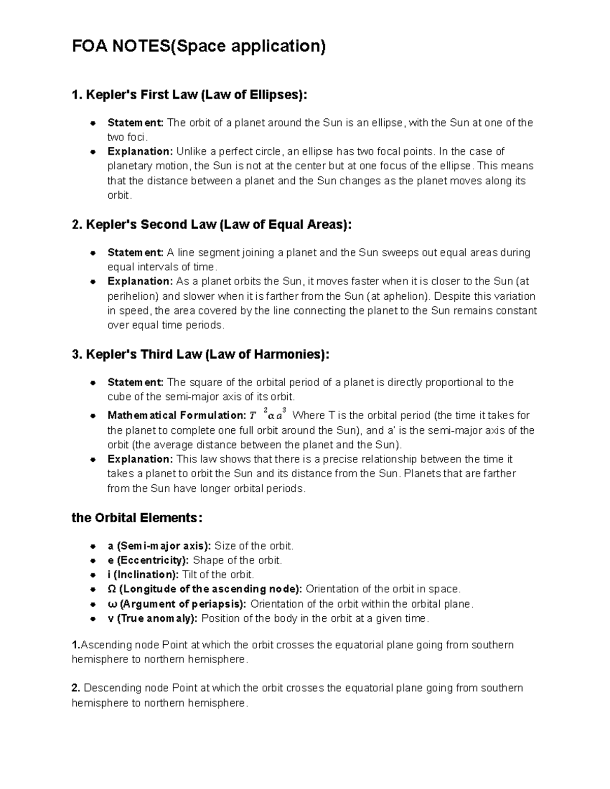 Space Application(FOA Notes) - FOA NOTES(Space application) 1. Kepler's ...