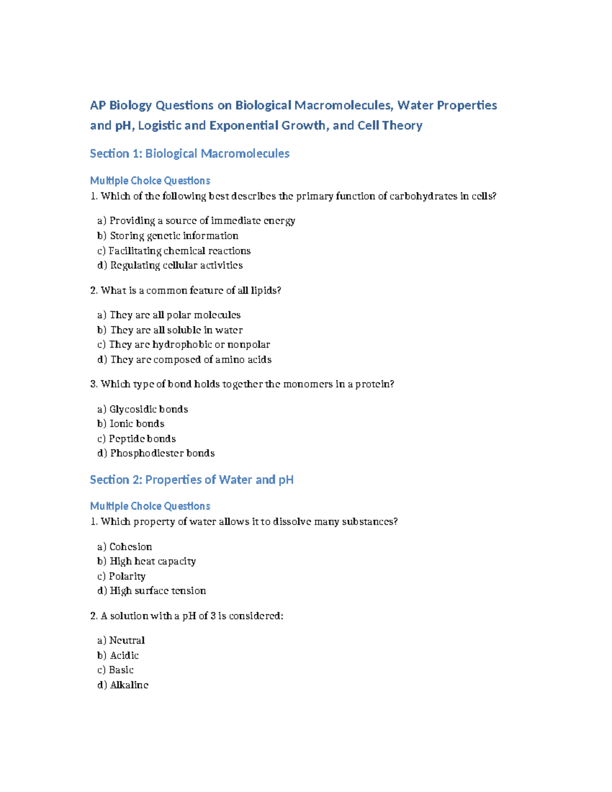 AP Biology Macromolecules Water Growth Cell Theory Questions - AP ...