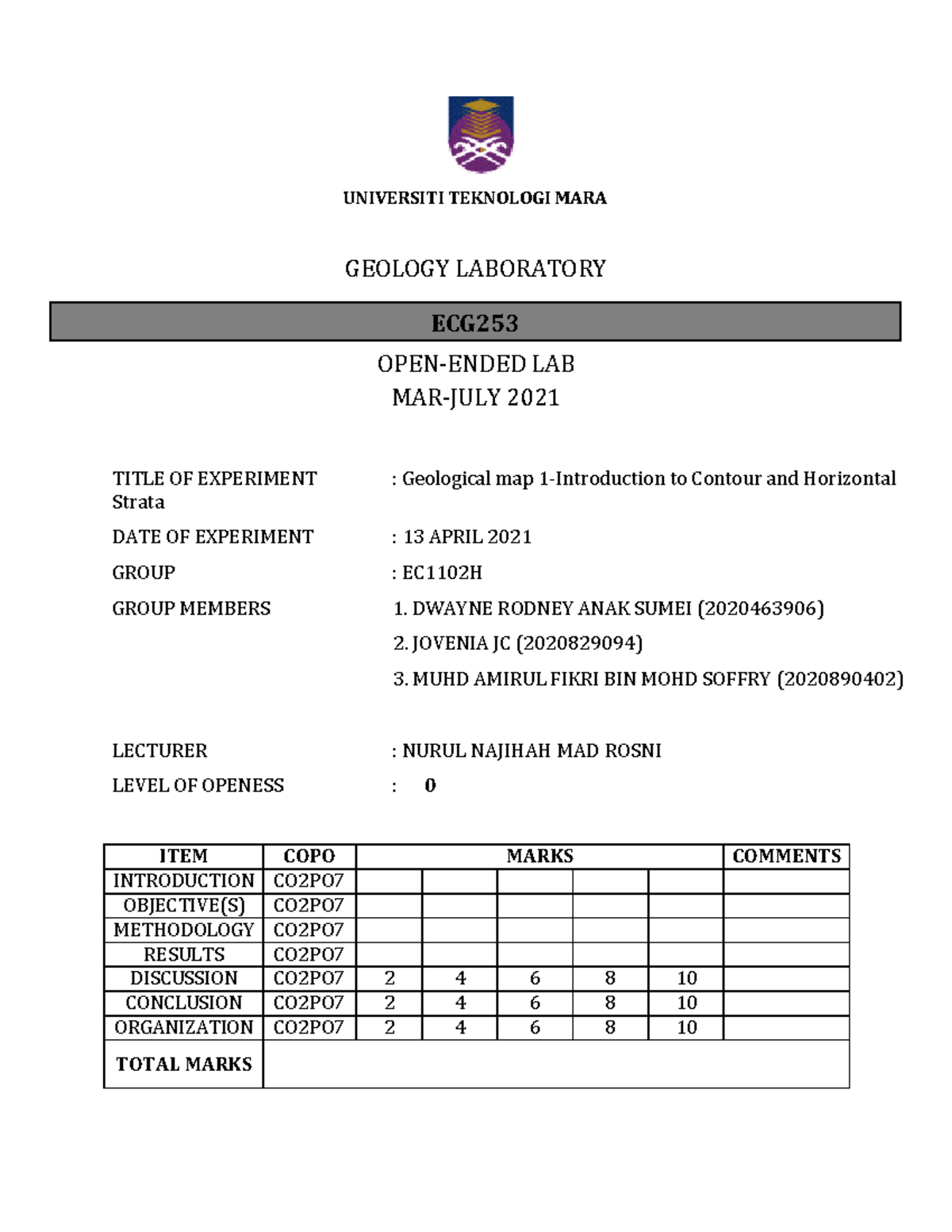Geological Map 1 ECG253 COMPLETE LAB REPORT - UNIVERSITI TEKNOLOGI MARA ...