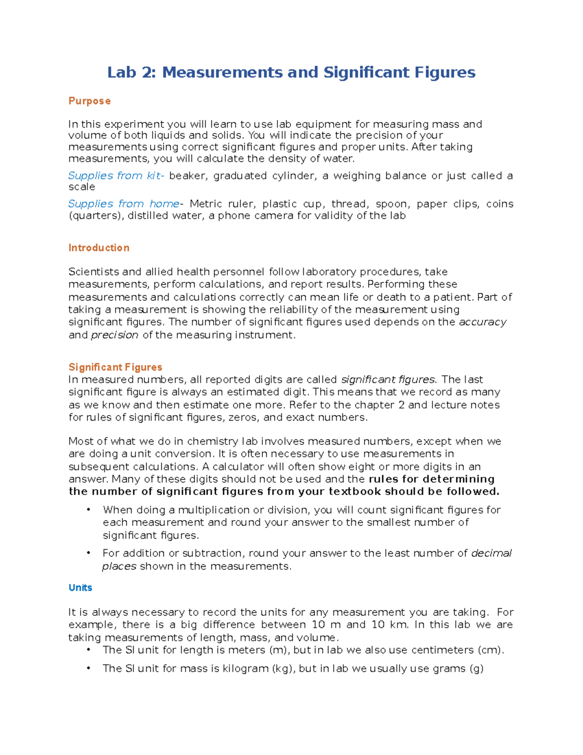 Lab 2 Measurement - Lab 2: Measurements and Significant Figures Purpose ...