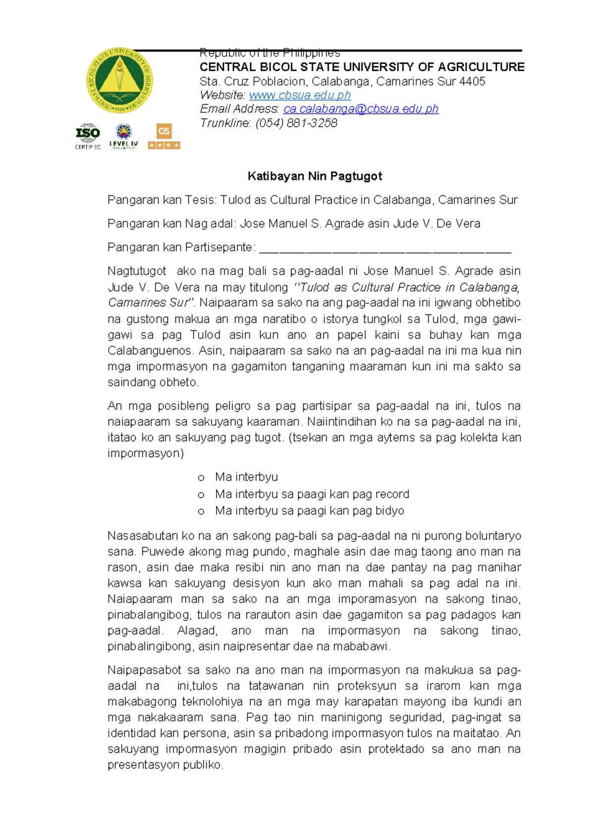 Communication- Letters- Thesis - Katibayan Nin Pagtugot Pangaran kan ...