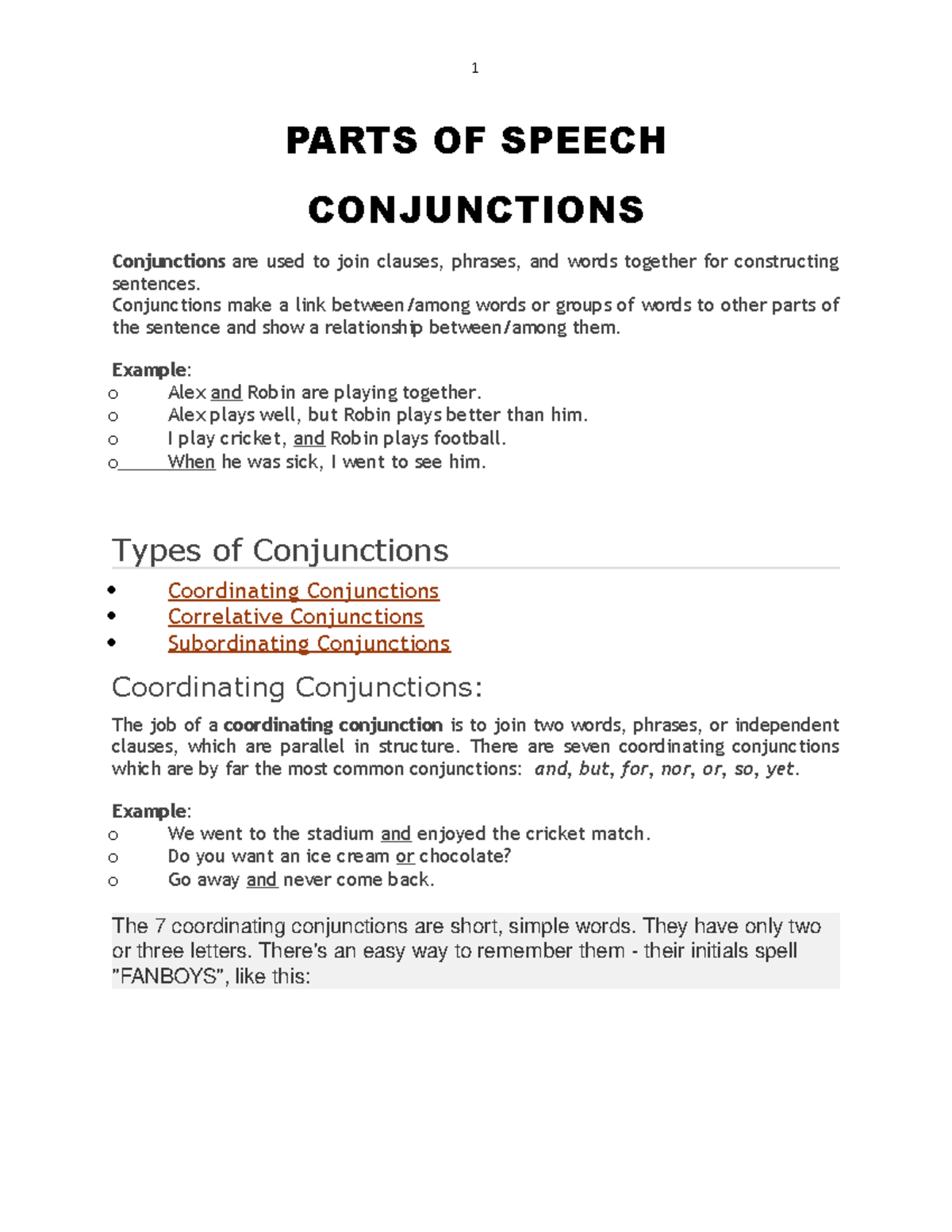 Conjunctions types, uses and definition - PARTS OF SPEECH CONJUNCTIONS ...