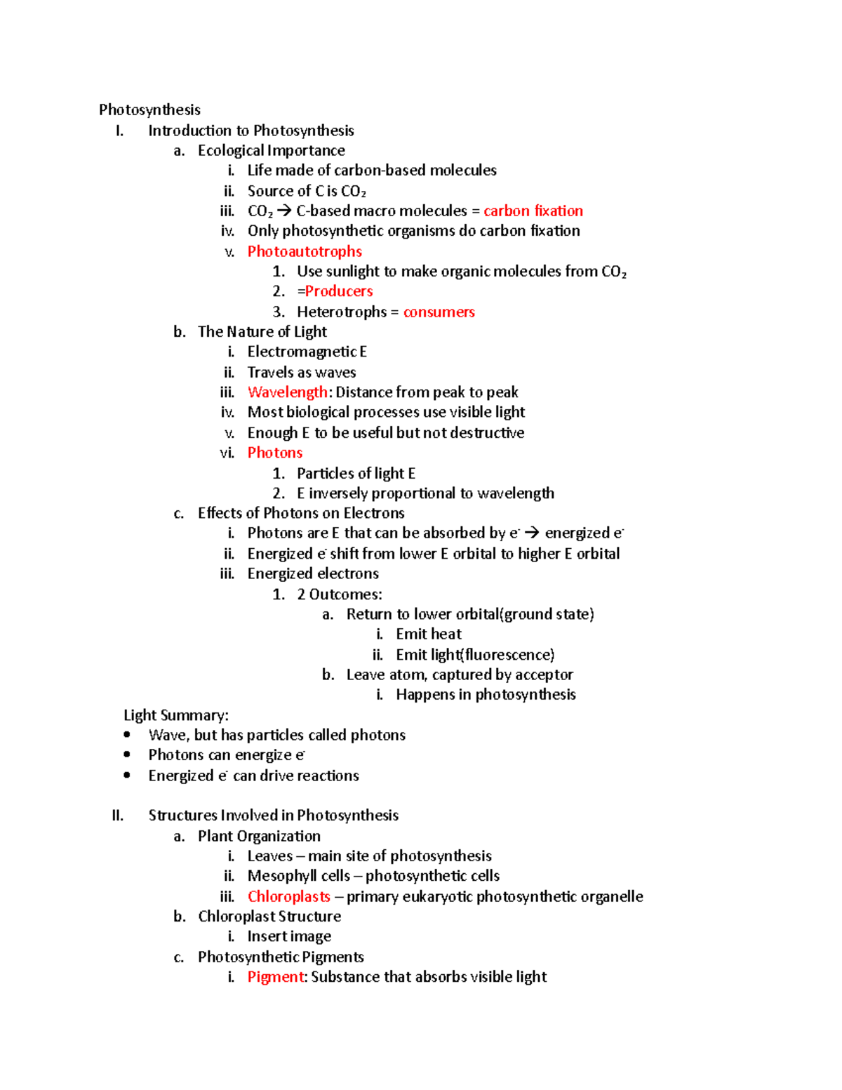 Photosynthesis - Stern Lecture Notes - Photosynthesis I. Introduction ...