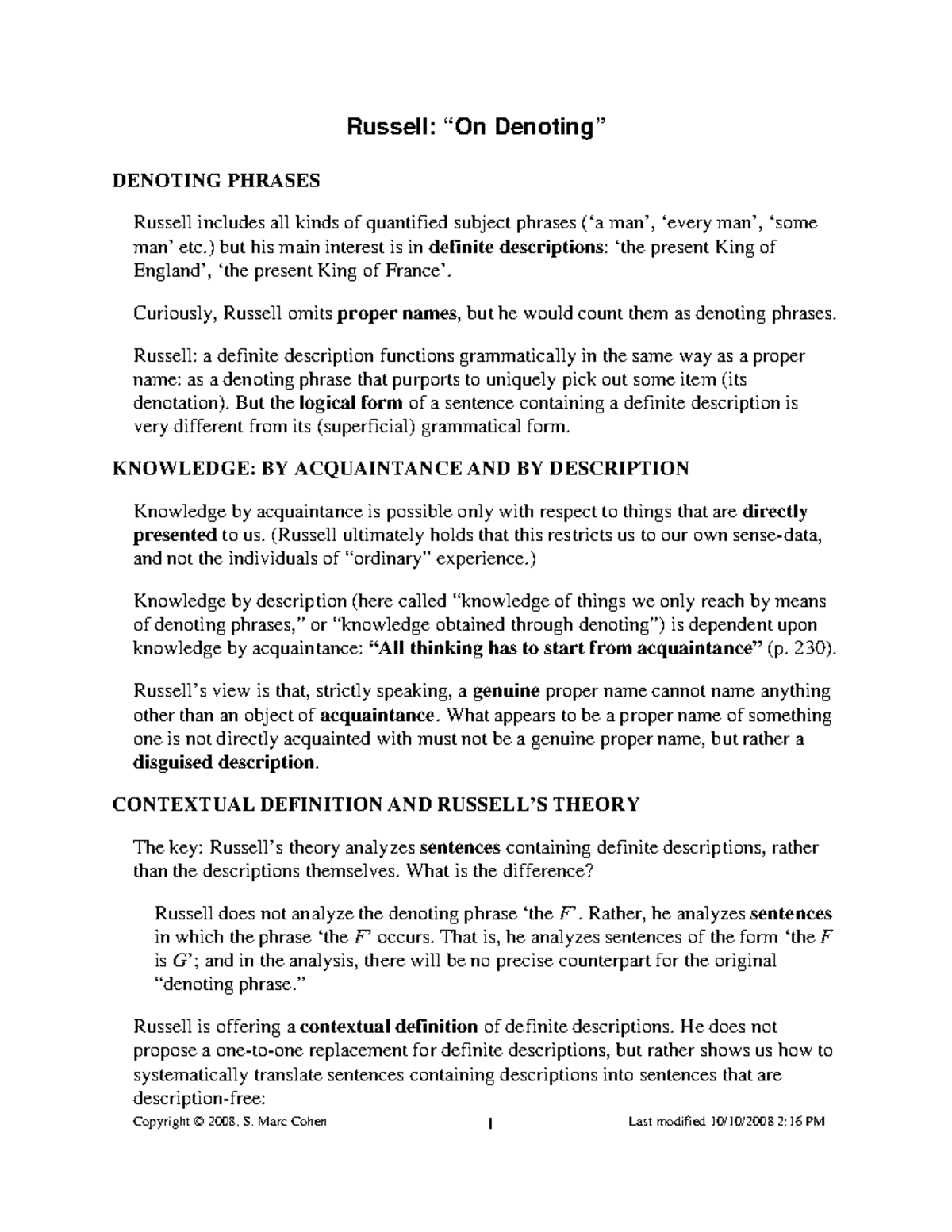 Bertrand Russell Display (On Denoting) (Summary) (Ideal language ...