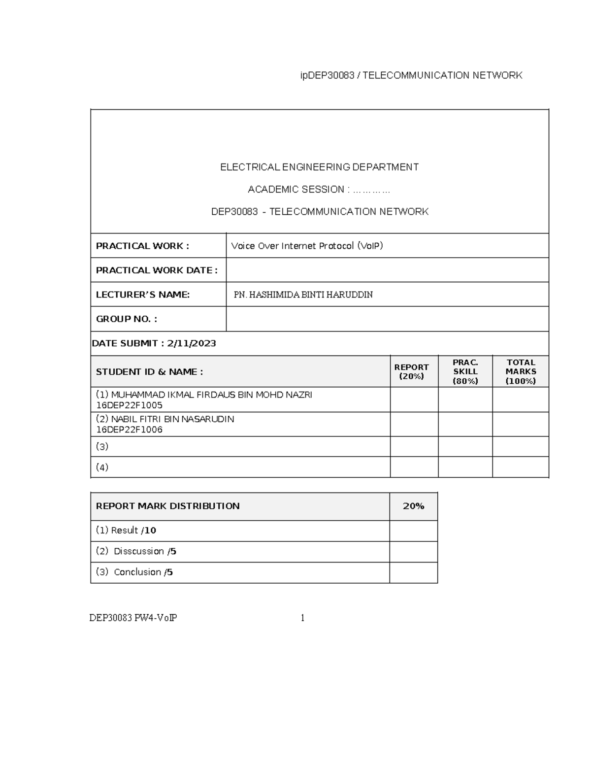 Lab 4 Telecom - ipDEP30083 / TELECOMMUNICATION NETWORK ELECTRICAL ...