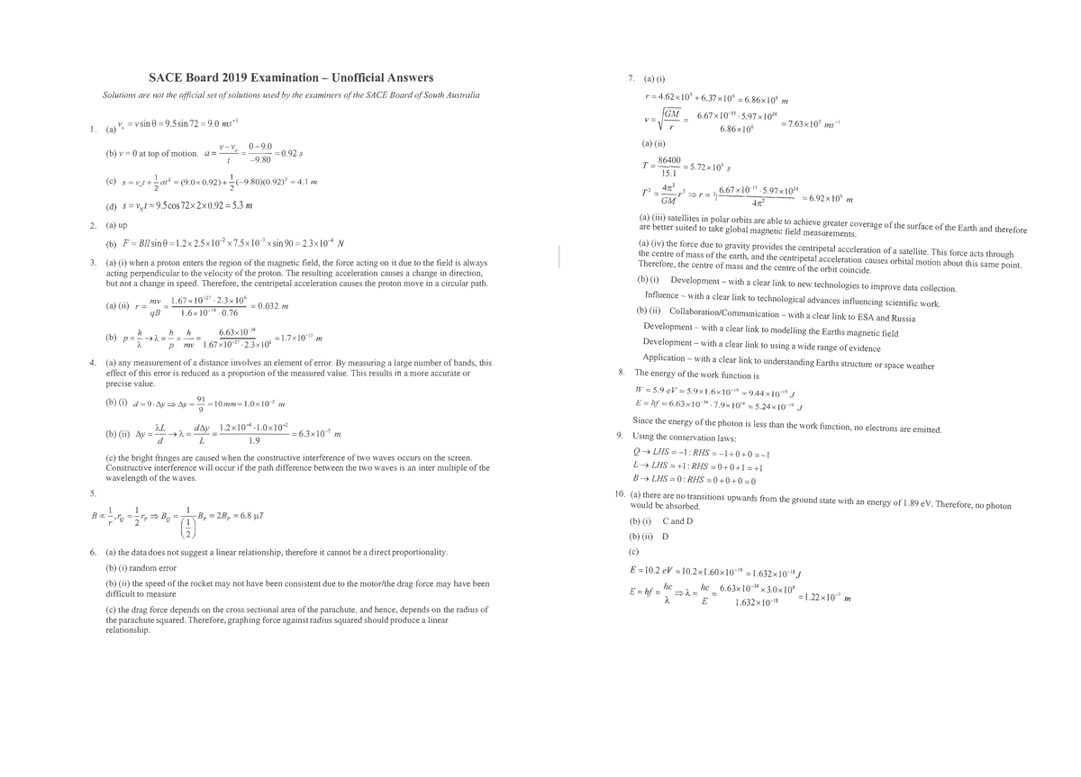 2019 Exam Answers - Physics Exam - 1. SACE Board 2019 Examination ...