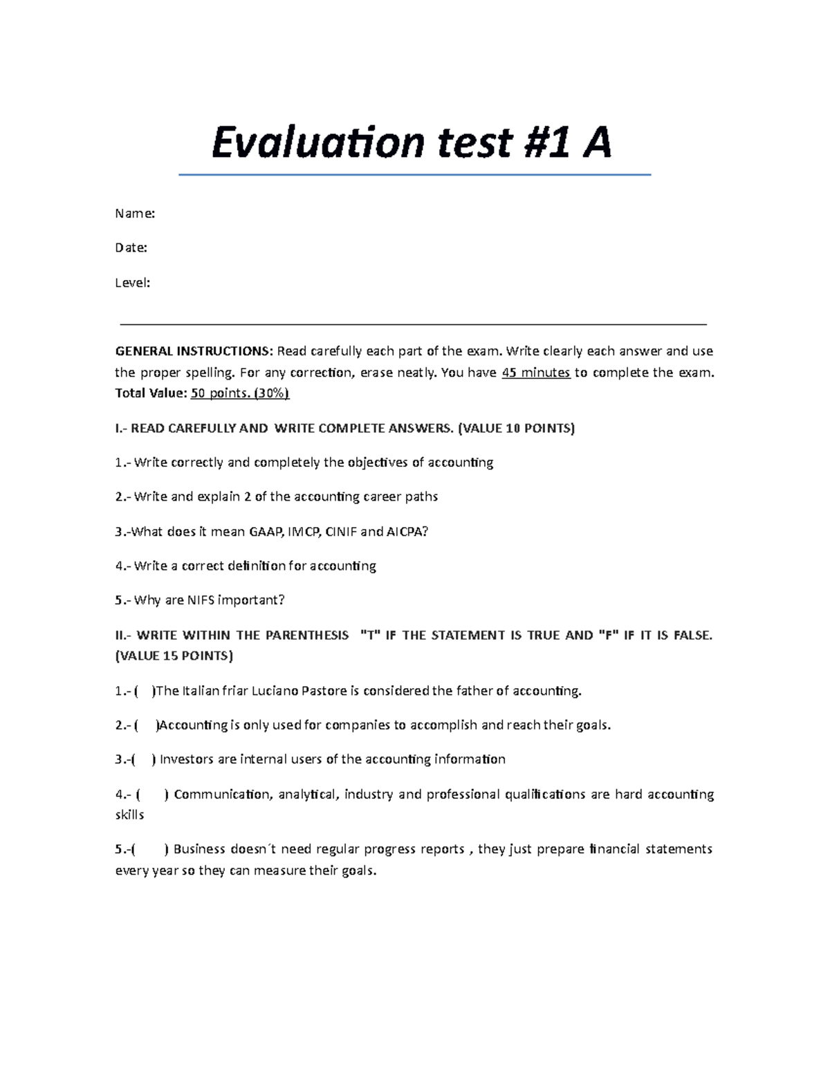 Evaluation test A - 2022/2023 - Evaluation test #1 A Name: Date: Level ...