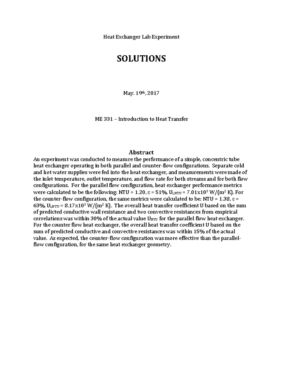 Heatxchanger-sol SP17 0523 - Heat Exchanger Lab Experiment SOLUTIONS ...