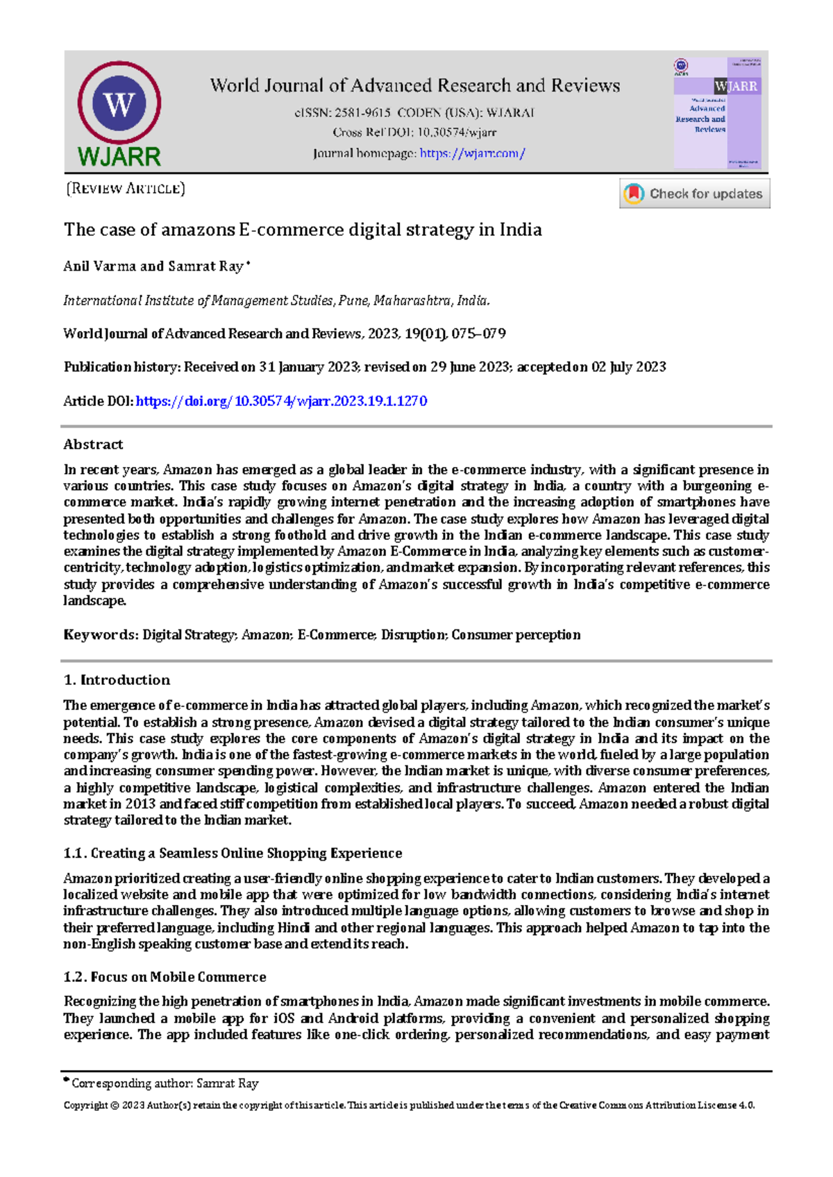 Wjarr-2023-1270 - Corresponding author: Samrat Ray Copyright © 2023 ...