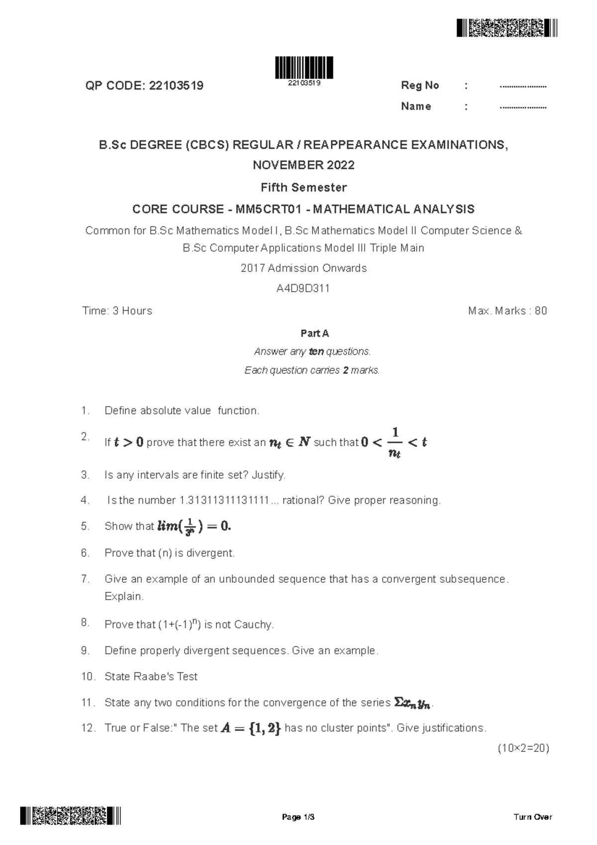 22103519 - QP CODE: 22103519 Reg No : ..................... Name ...