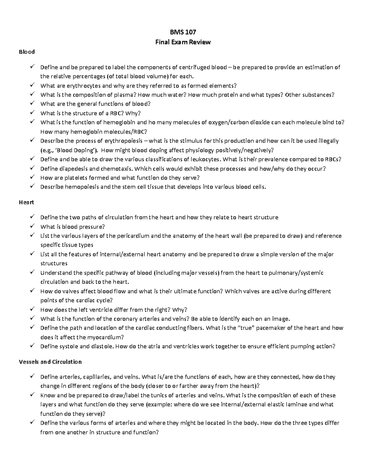 BMS 107 Final Exam Review Sheet 2022 - BMS 107 Final Exam Review Blood ...