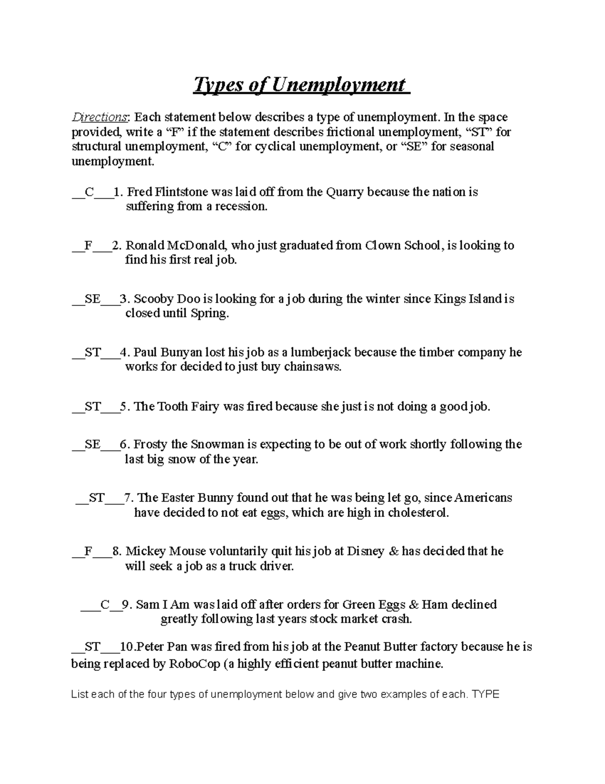 Morgan Mills - Types of Unemployment Worksheet - Types of Unemployment ...